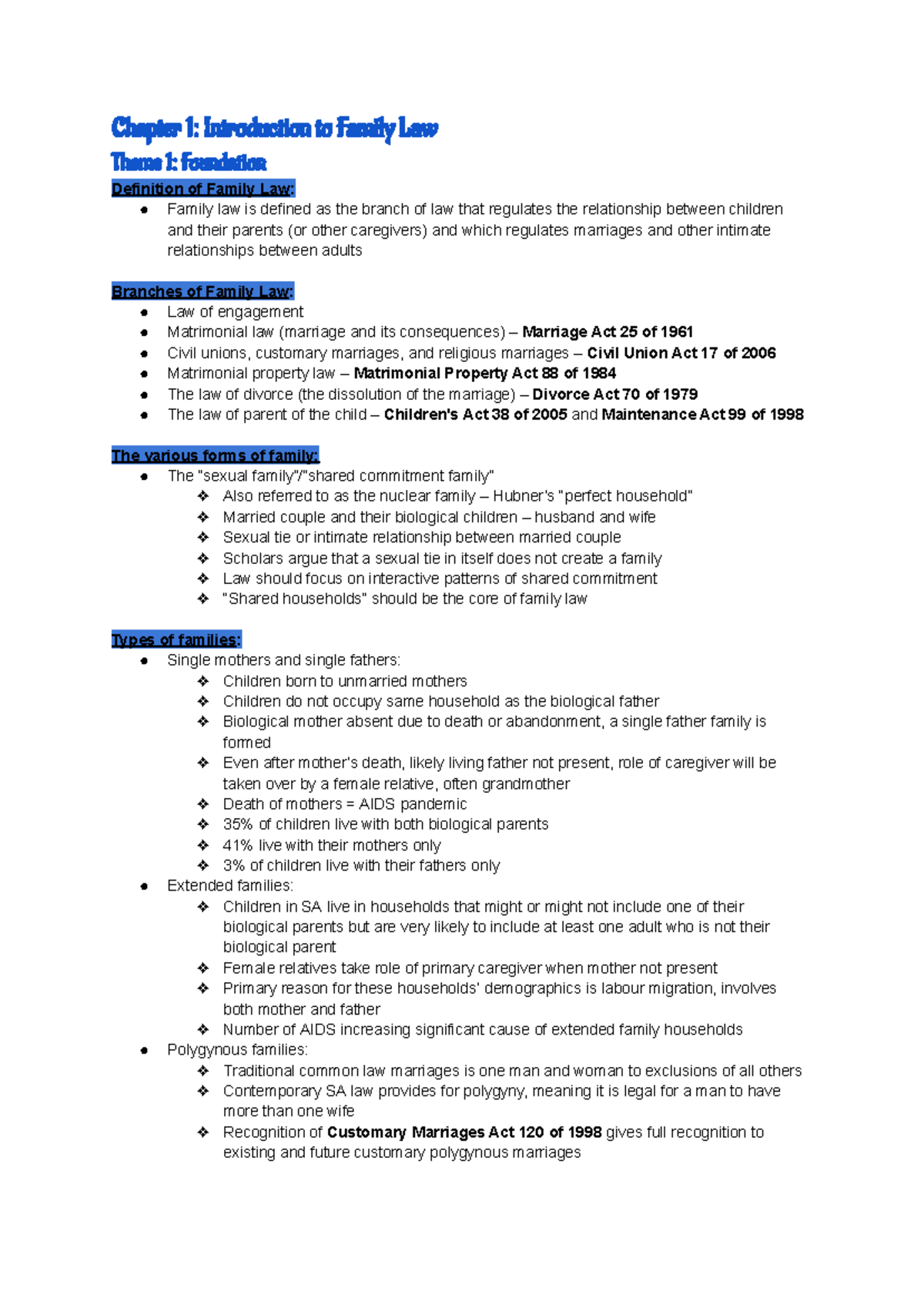 Law of Family - Chapter 1: Introduction to Family Law Theme 1 ...