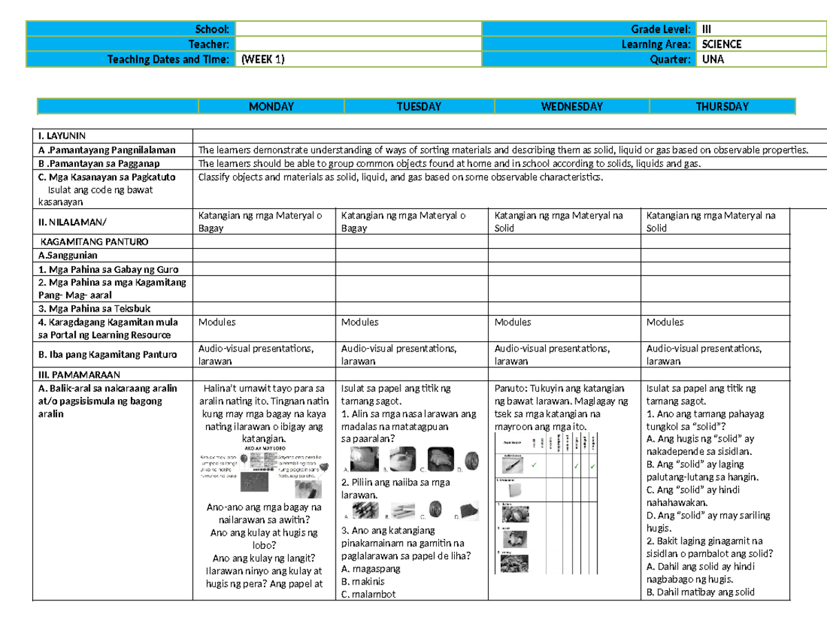 Week1 - daily lesson log of science - MONDAY TUESDAY WEDNESDAY THURSDAY ...