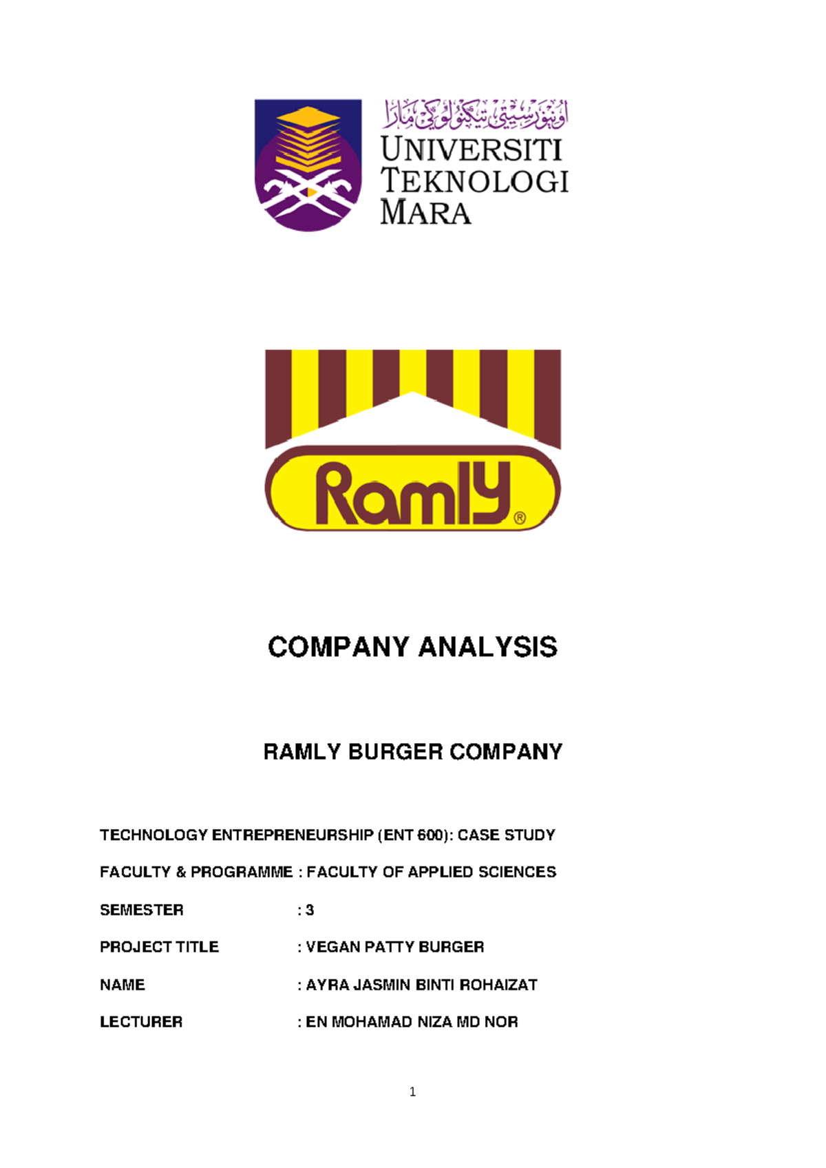 Case Study ENT600 (Company Analysis)- Ramly Burger Company - COMPANY ...