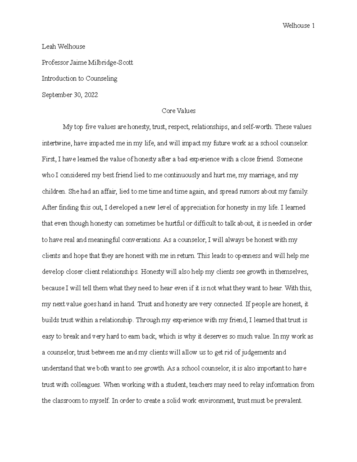 Activity #2 - essay on core values - Welhouse 1 Leah Welhouse Professor ...
