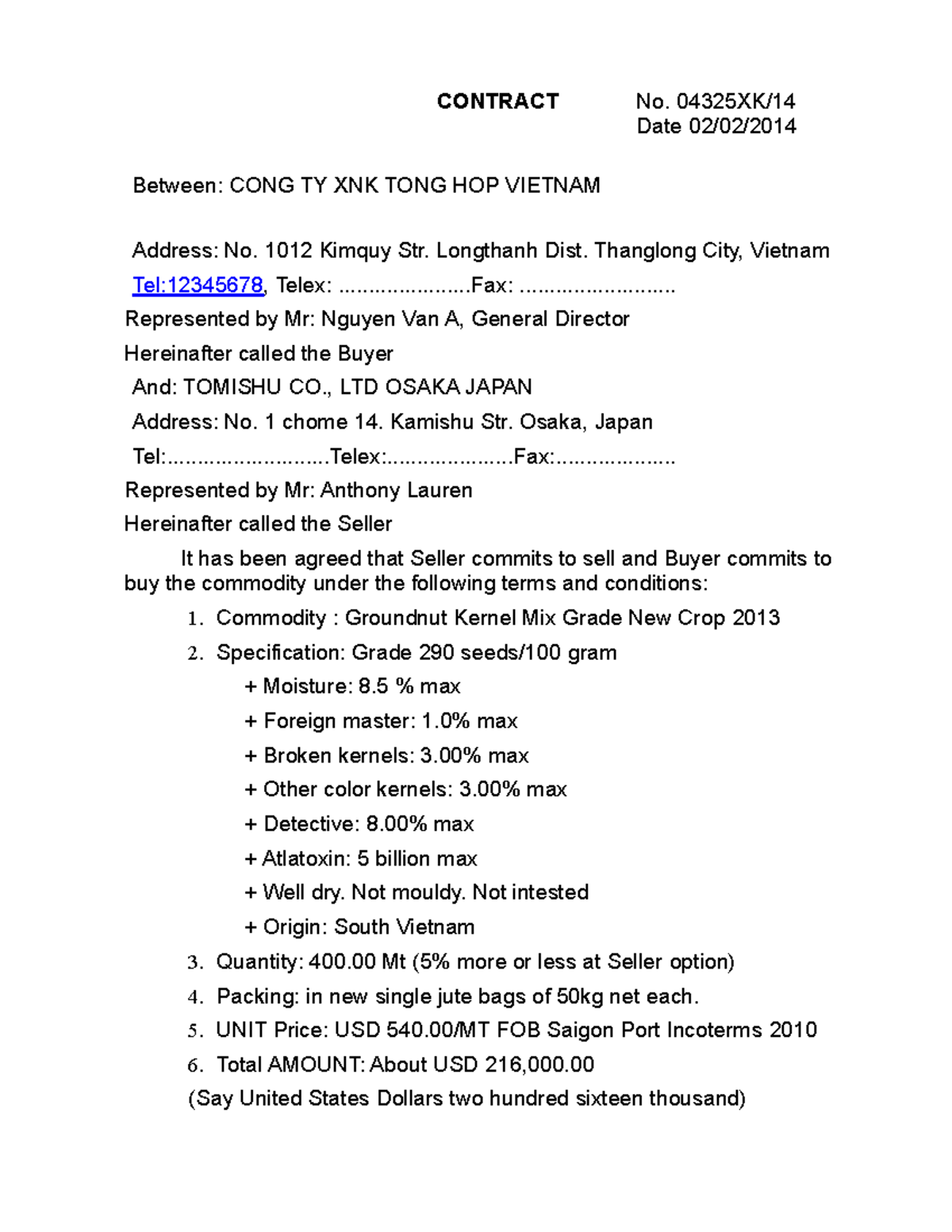 HD xuất khẩu lạc nhân 2014 - CONTRACT Between: CONG TY XNK TONG HOP ...