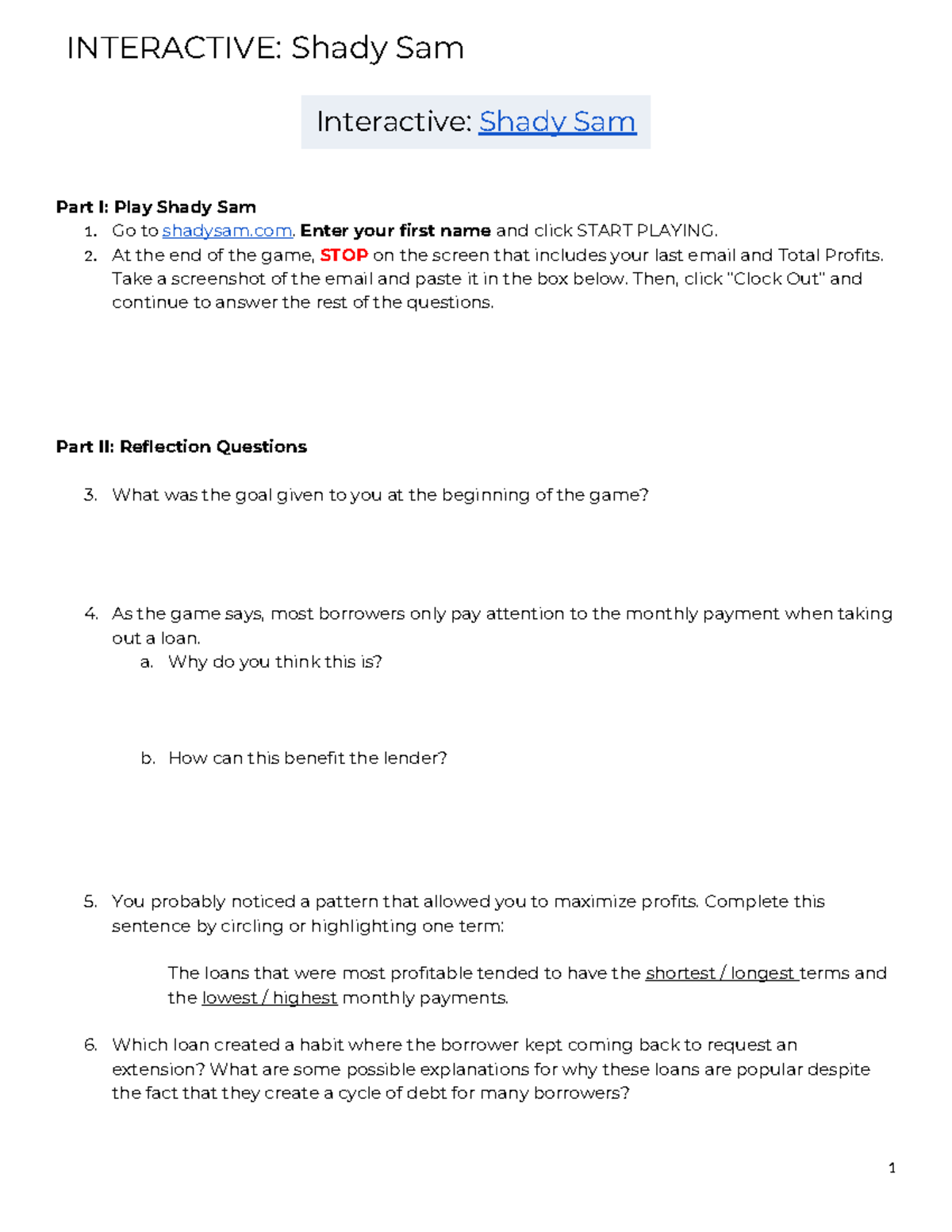 Copy of Interactive Shady Sam - INTERACTIVE: Shady Sam Interactive ...