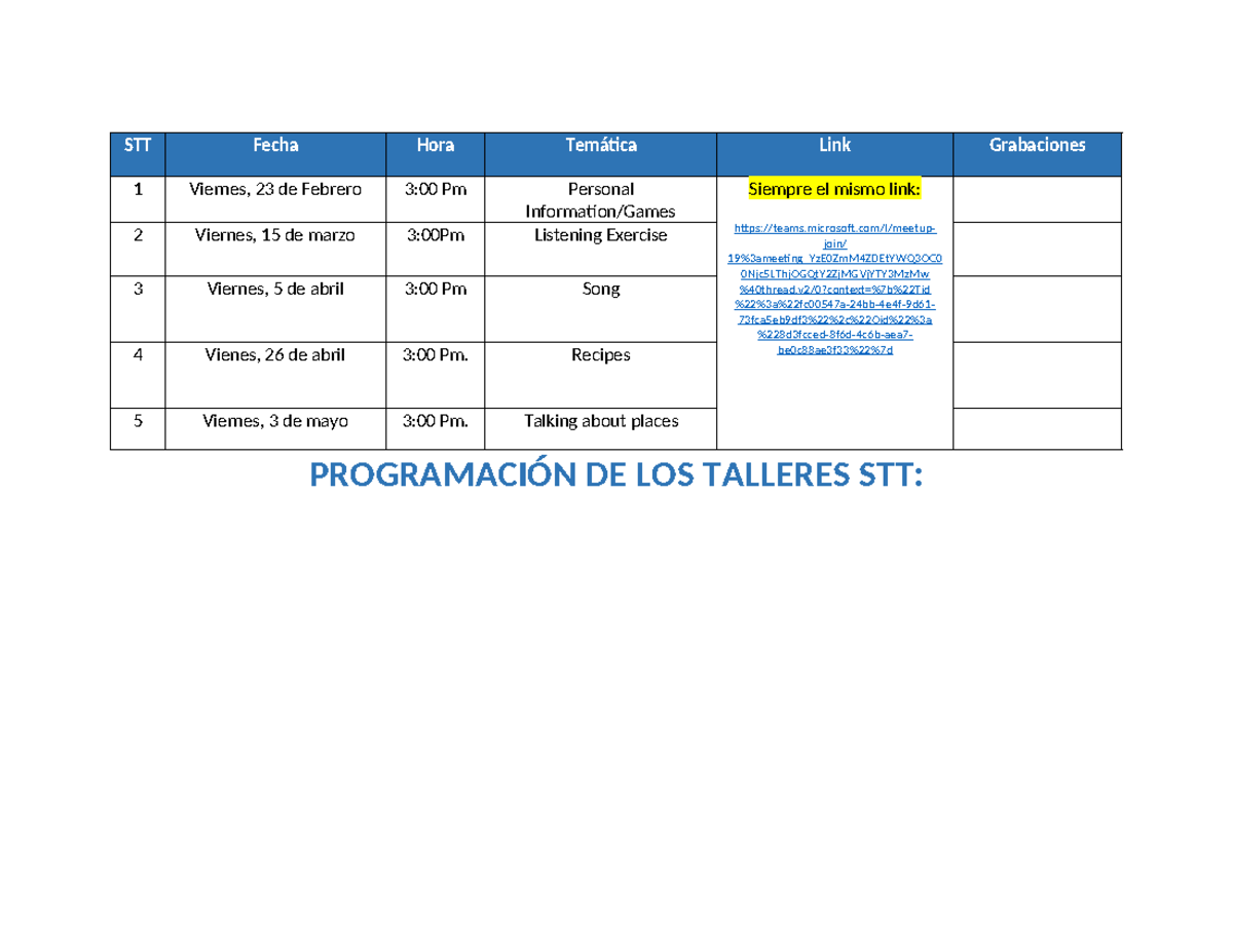 STT Programación 1601 2024 - STT Fecha Hora Temática Link Grabaciones 1 Viernes, 23 de Febrero 3 ...