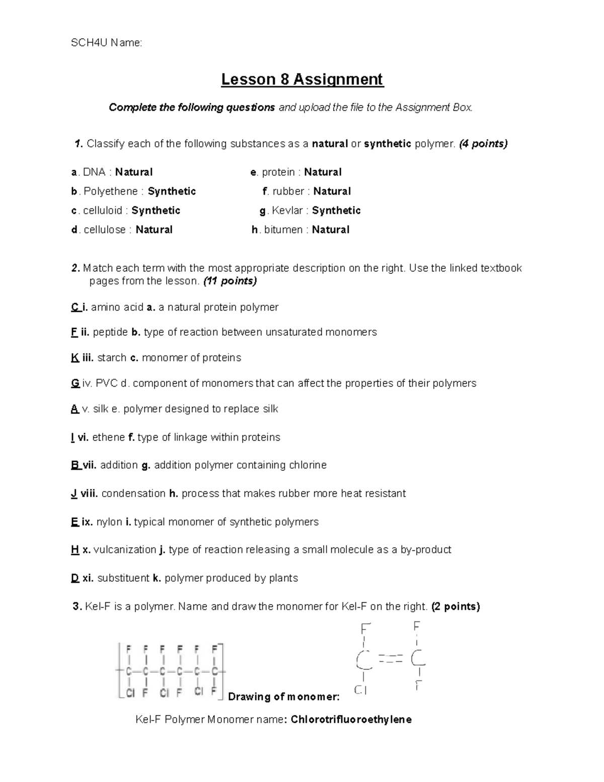 Lesson 8 - chem - SCH4U Name: Lesson 8 Assignment Complete the ...