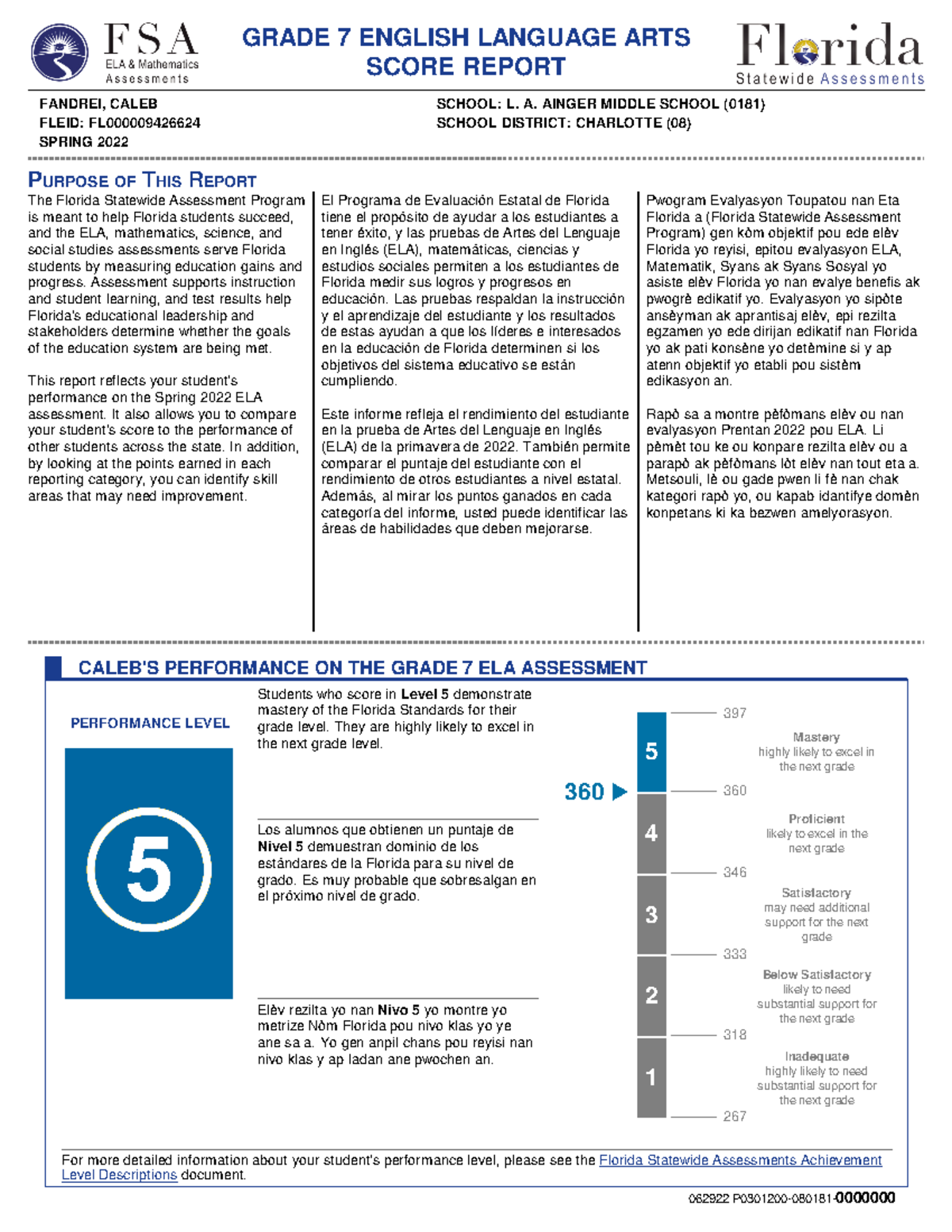 Grade 7 English Language ARTS en - CALEB'S PERFORMANCE ON THE GRADE 7 ...