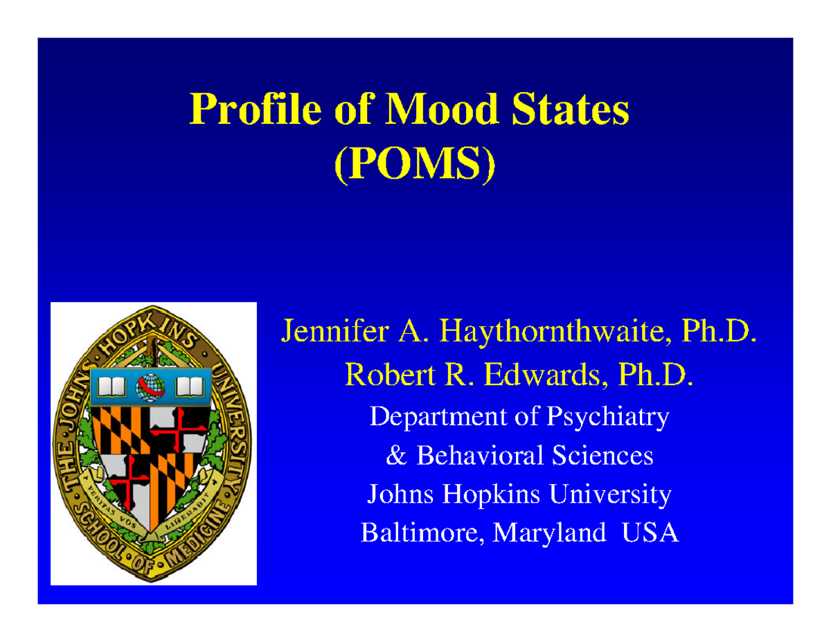 POMS scoring criteria - Profile of Mood States (POMS) Jennifer A ...