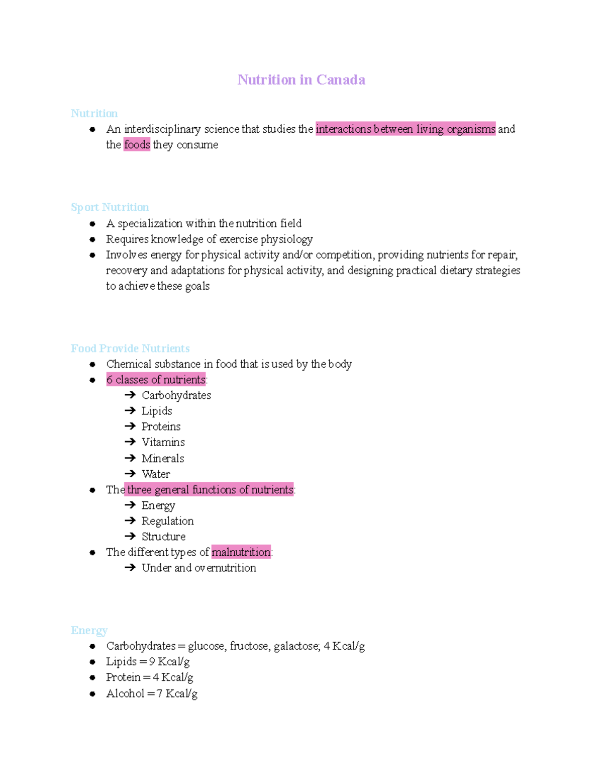 Knes 3500 Midterm 1 - Nutrition in Canada Nutrition An ...