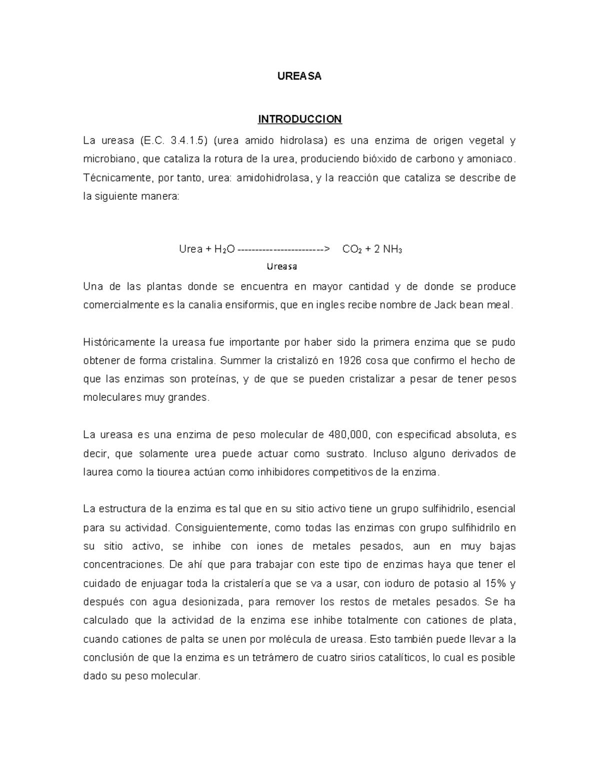 Ureasa - practica de laboratorio - UREASA INTRODUCCION La ureasa (E. 3. ...