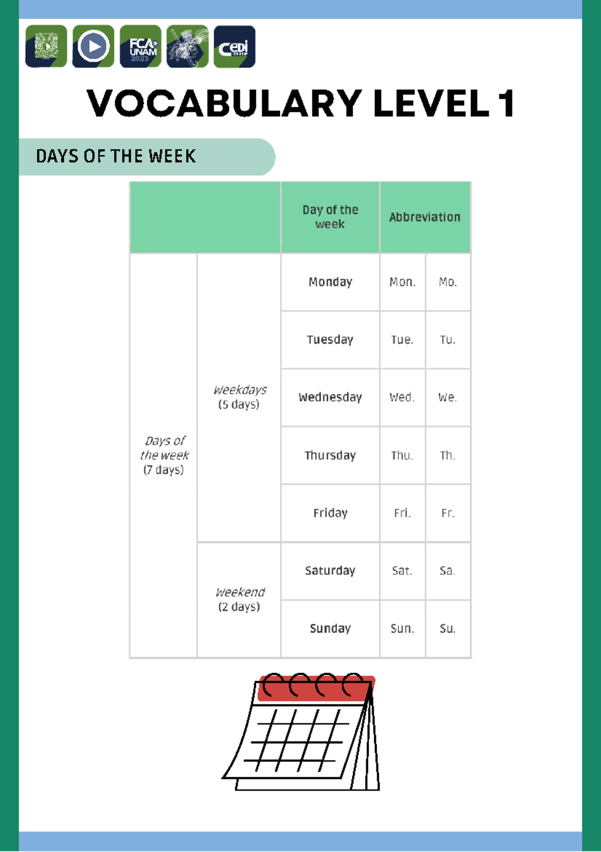Vocabulary L1 - Vocavulario basico de ingles - VOCABULARY LEVEL 1 DAYS ...