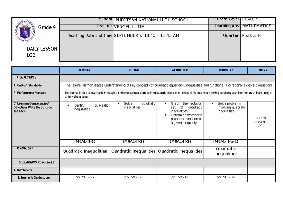 MATH 9 lesson plan week 8 - Grade 9 DAILY LESSON LOG School PUPOTSAN ...