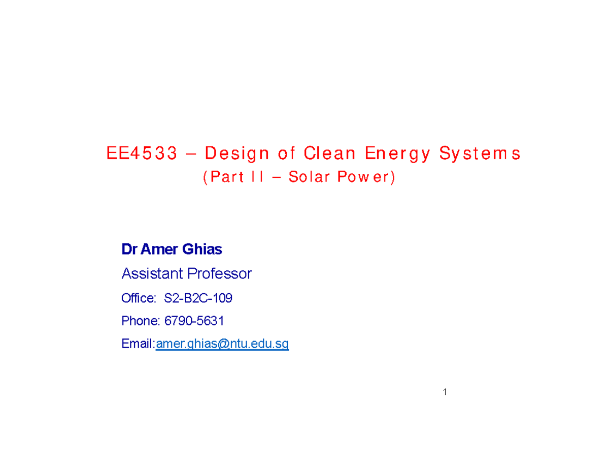 EE4504 Battery AG - lecture notes - EE4533 – Design of Clean Energy ...