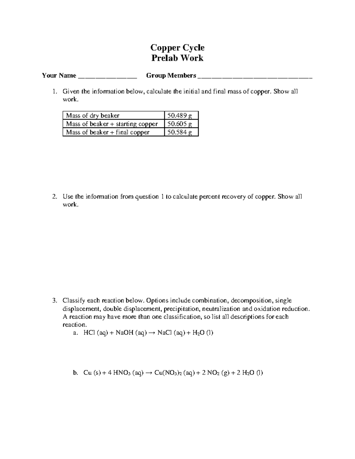Copper Cycle Prelab Work - Copper Cycle Prelab Work Your Name ...