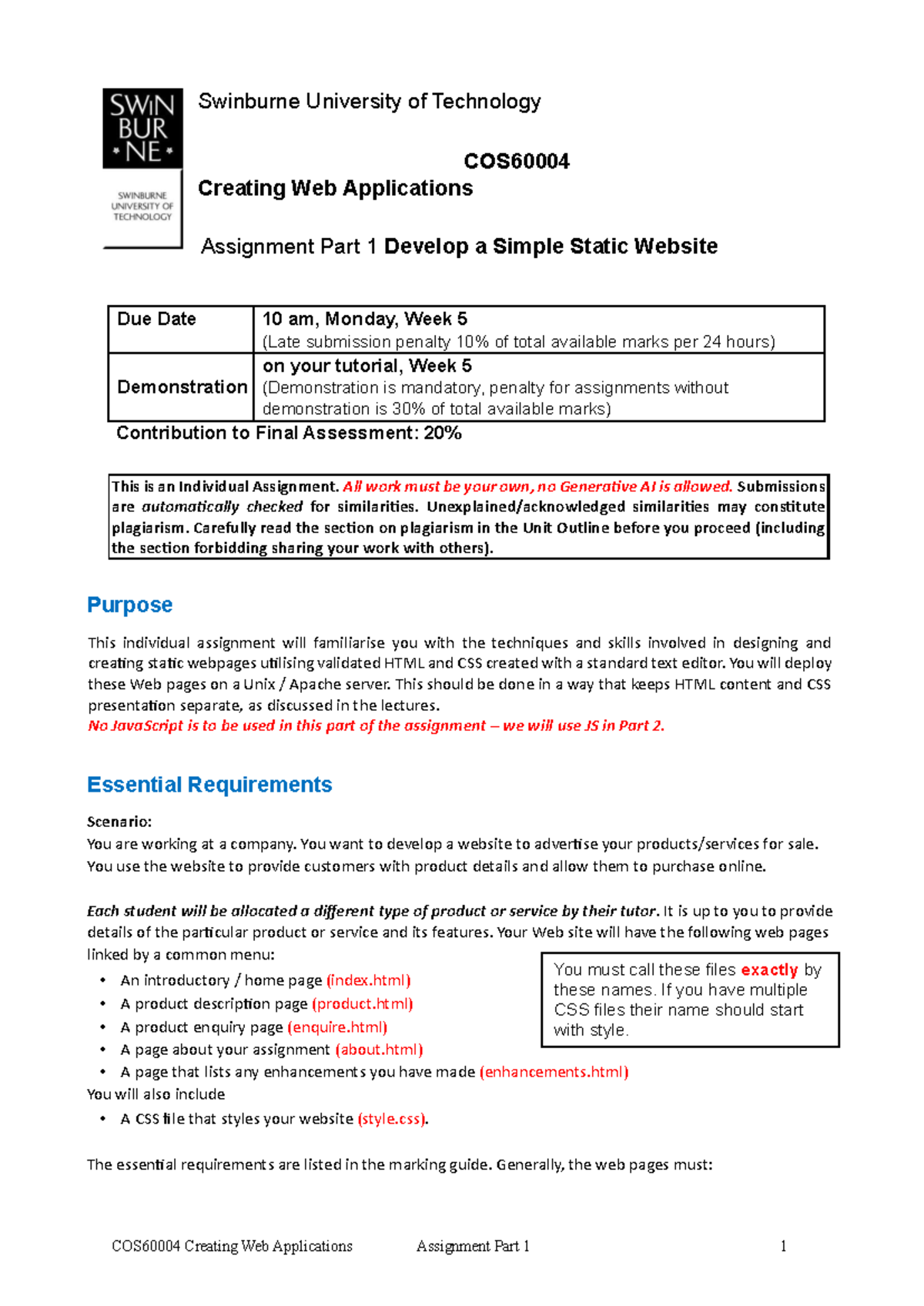 Assignment-1 - 2024-S2 - Swinburne University of Technology COS ...