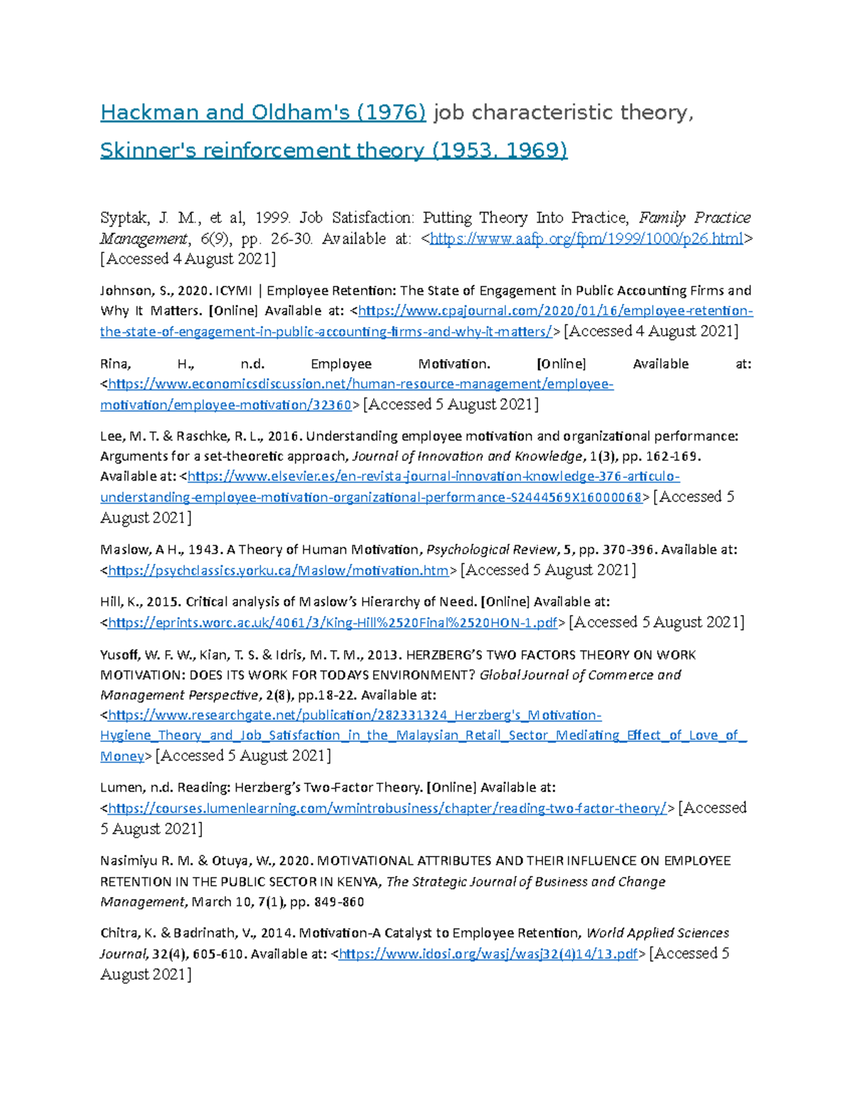 List of References - n/a - Hackman and Oldham's (1976) job ...