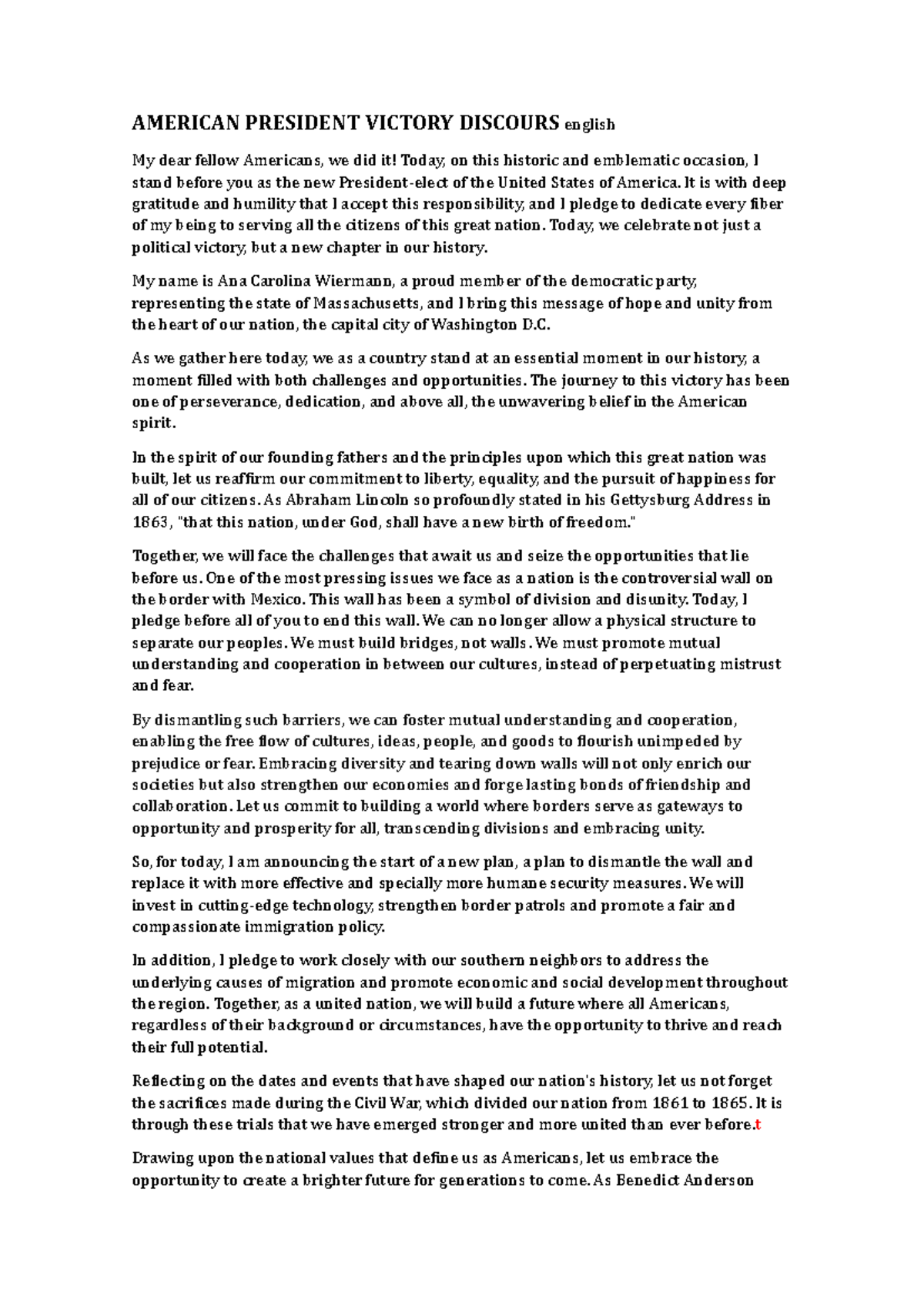 Discurso presidente ingles ACW - AMERICAN PRESIDENT VICTORY DISCOURS ...