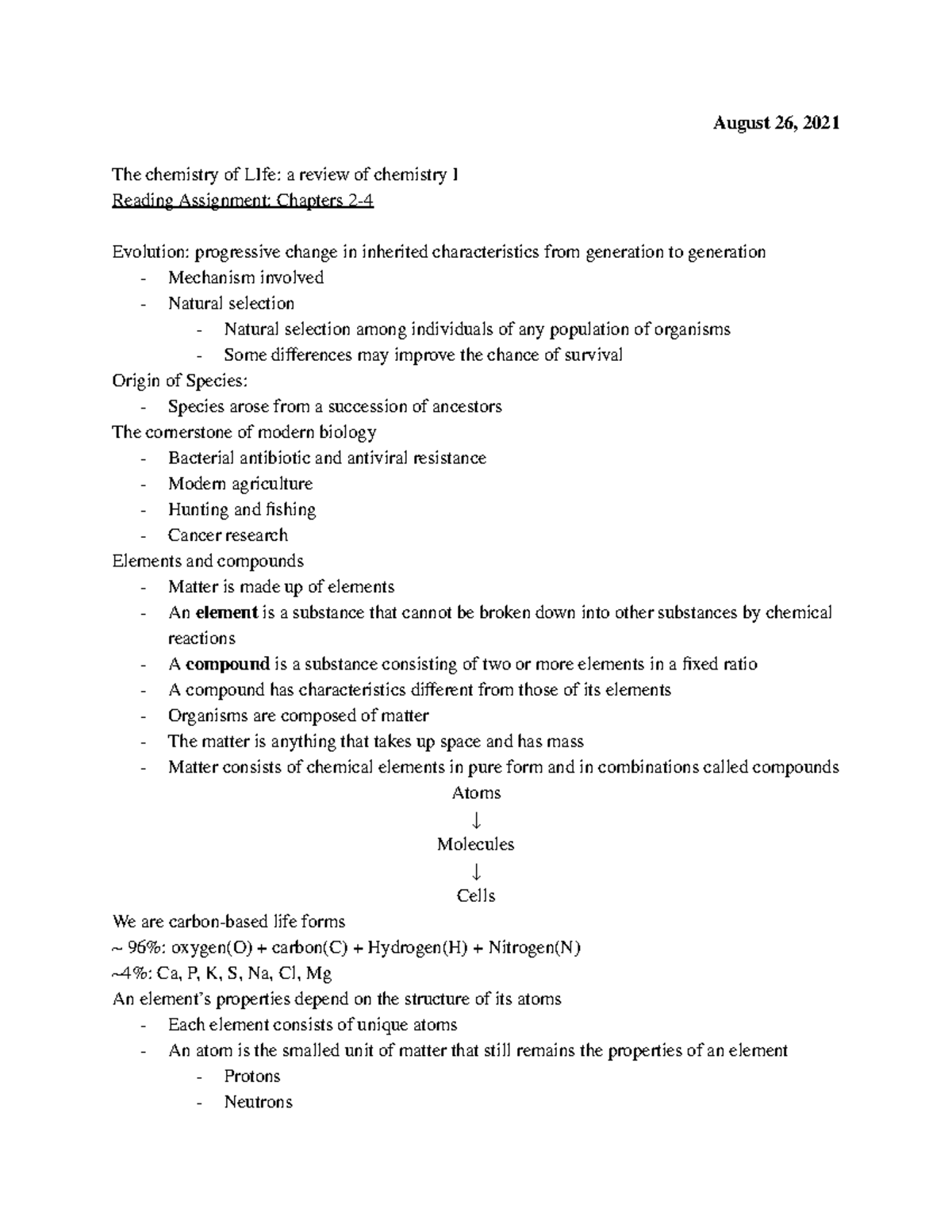 BIO Lecture Notes - n/a - August 26, 2021 The chemistry of LIfe: a ...