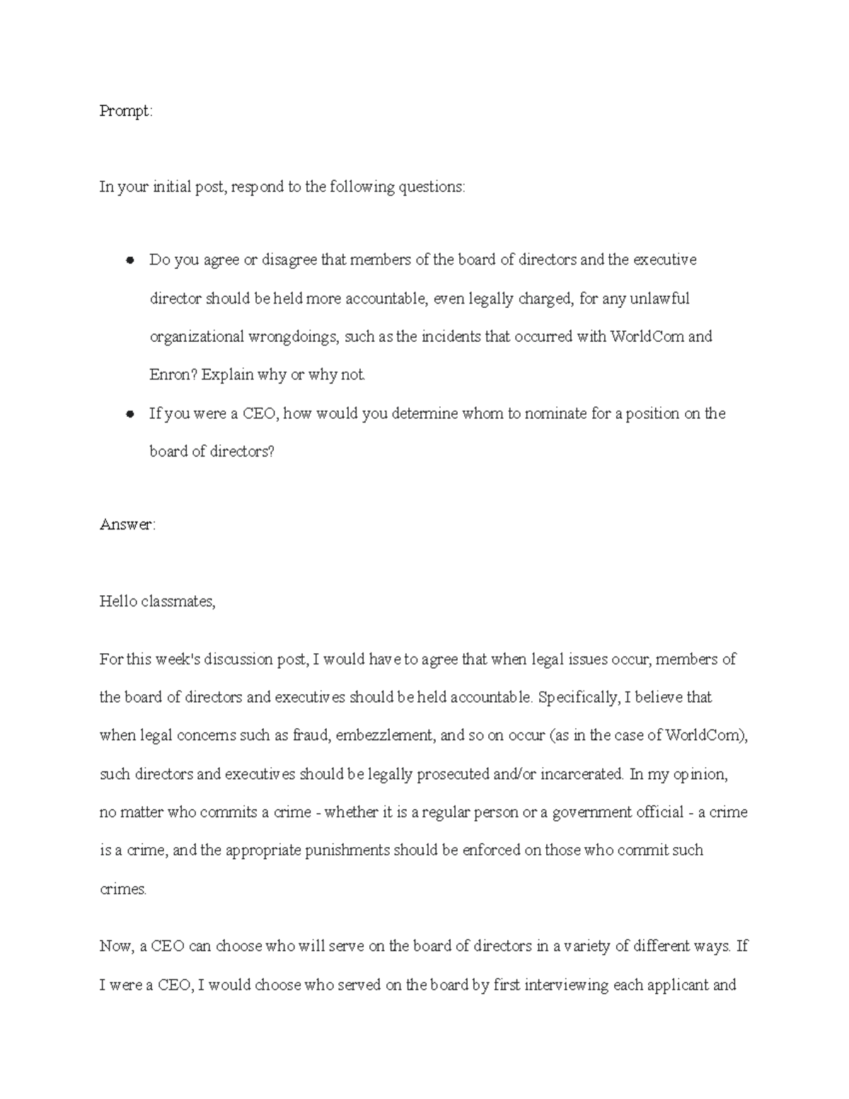 3-1 Discussion Board of Directors OL-326 - Prompt: In your initial post ...
