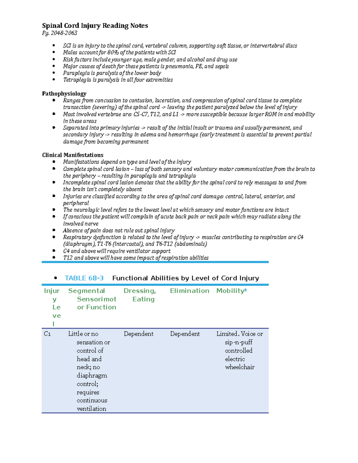 Spinal Cord Injury Reading Notes copy - Pg. 2048- SCI is an injury to ...