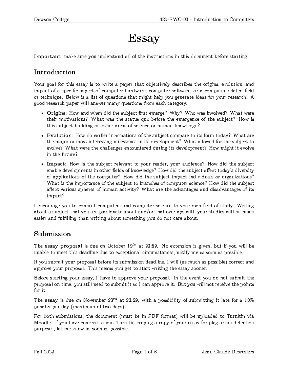 Essay instructions - Essay Important: make sure you understand all of ...