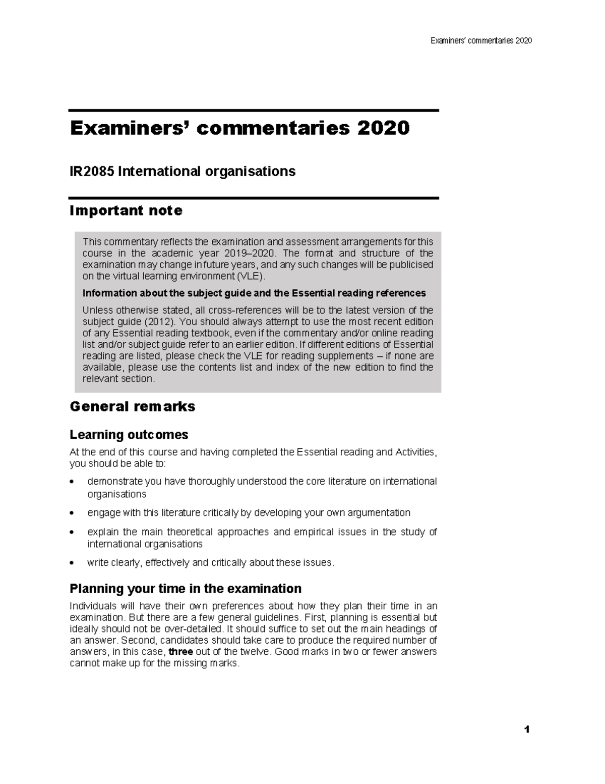 Ir2085 exc2020 Exercise Mock Papers - Examiners’ commentaries 2020 ...
