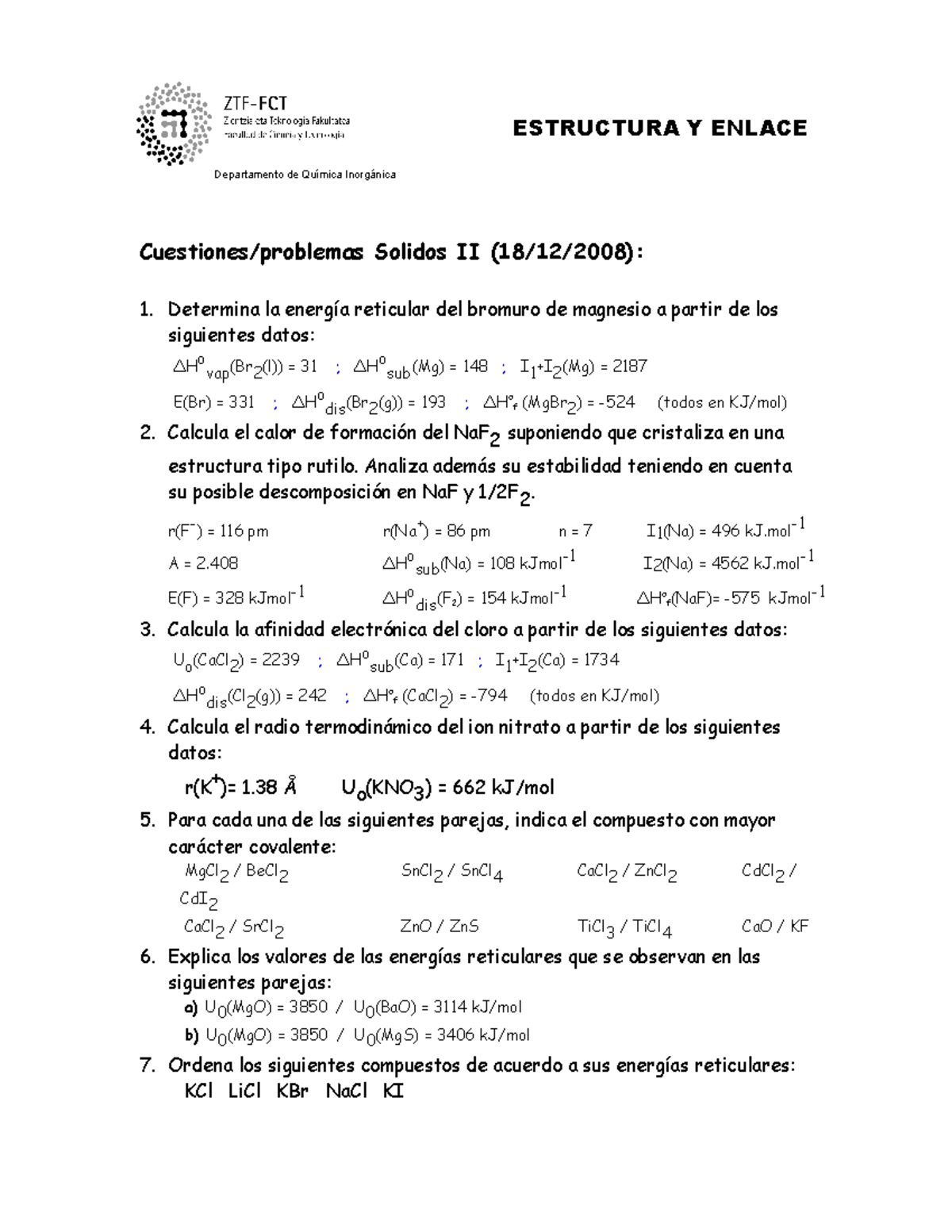 Enlace Solidos II - ESTRUCTURA Y ENLACE Cuestiones/problemas Solidos II ...