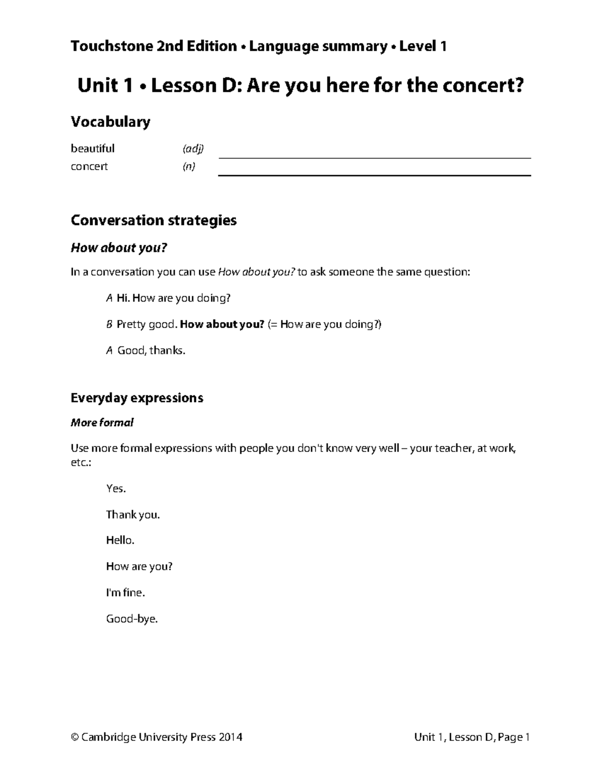 TS2e L1 U1 LD Langsum - Repaso - Touchstone 2nd Edition • Language summary • Level 1 Unit 1 ...