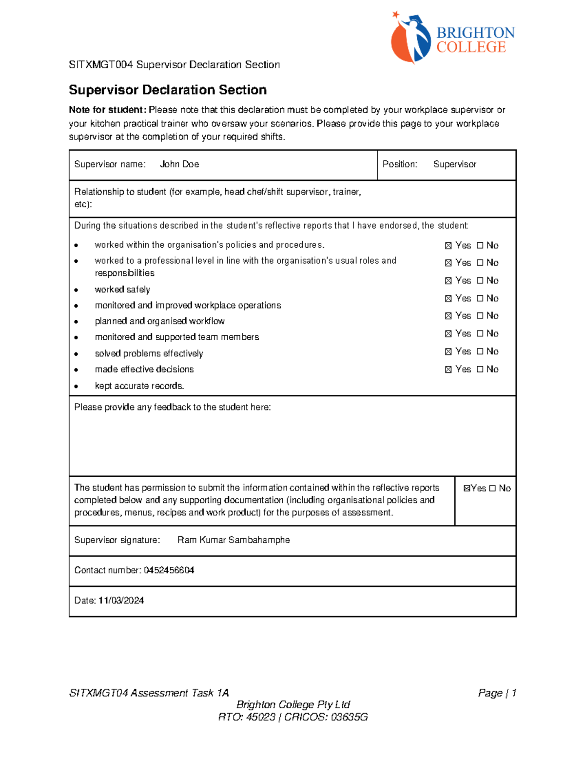 Sitxmgt 004 RAM Kumar Sambahamphe 13910385 AT1 A Supervisor Declaration ...