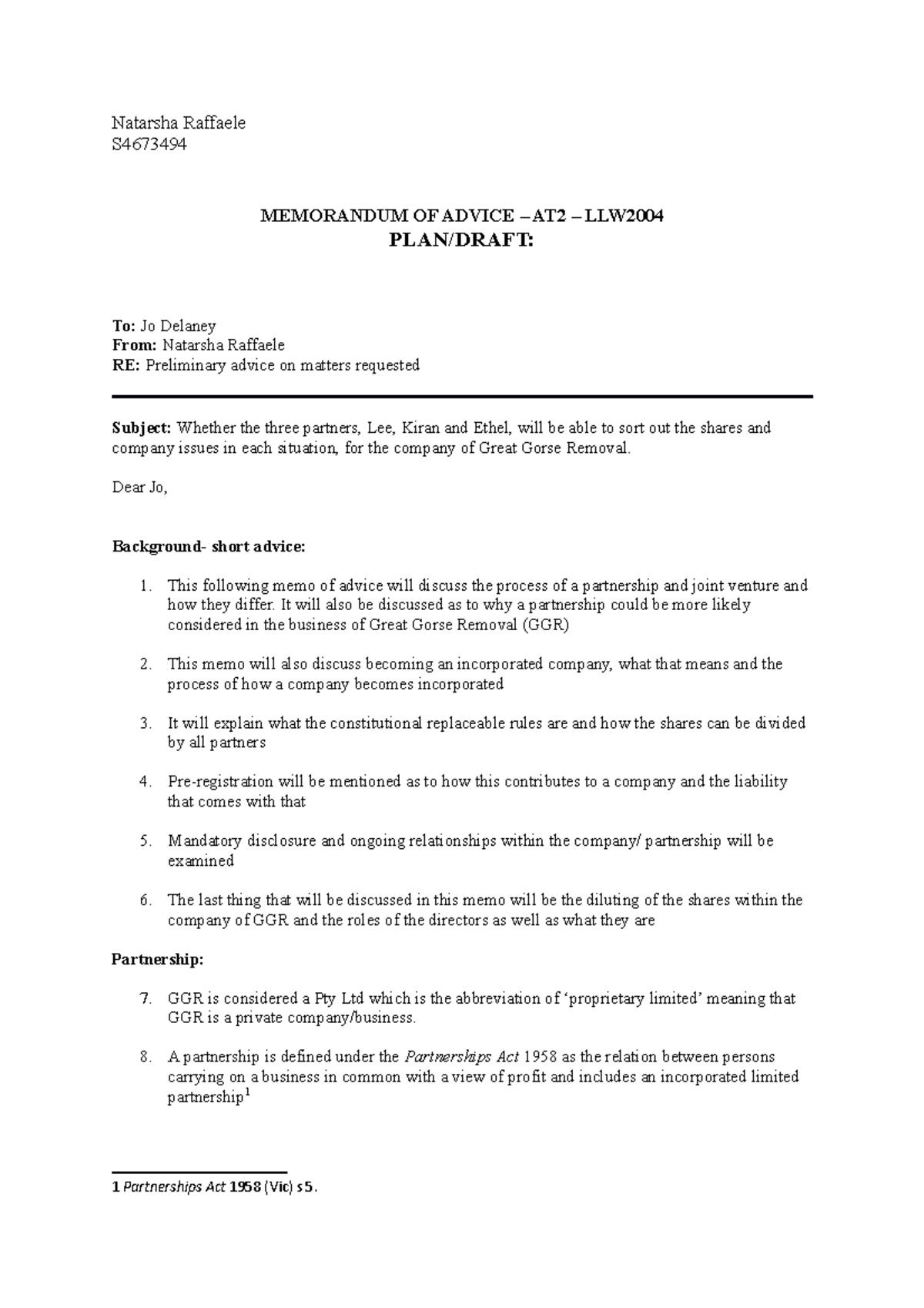 Memo of Advice - Corporation Law - Natarsha Raffaele S MEMORANDUM OF ...