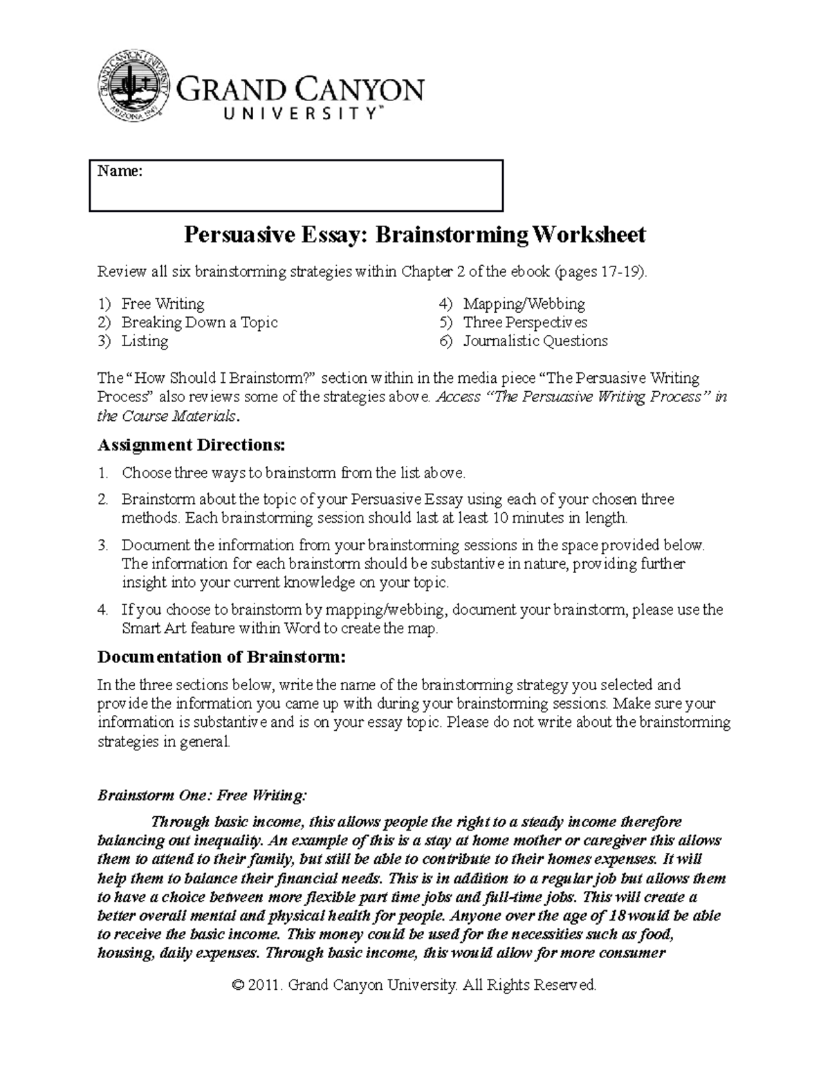 PHI105 T2 Brainstorming Worksheet 12 8 2020 - Name: Persuasive Essay ...