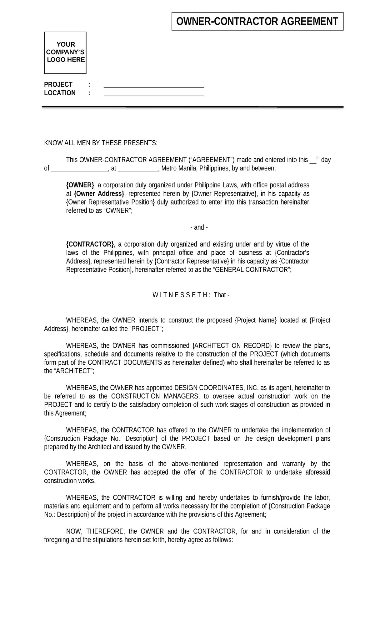 Owner-Contractor Agreement - OWNER-CONTRACTOR AGREEMENT PROJECT