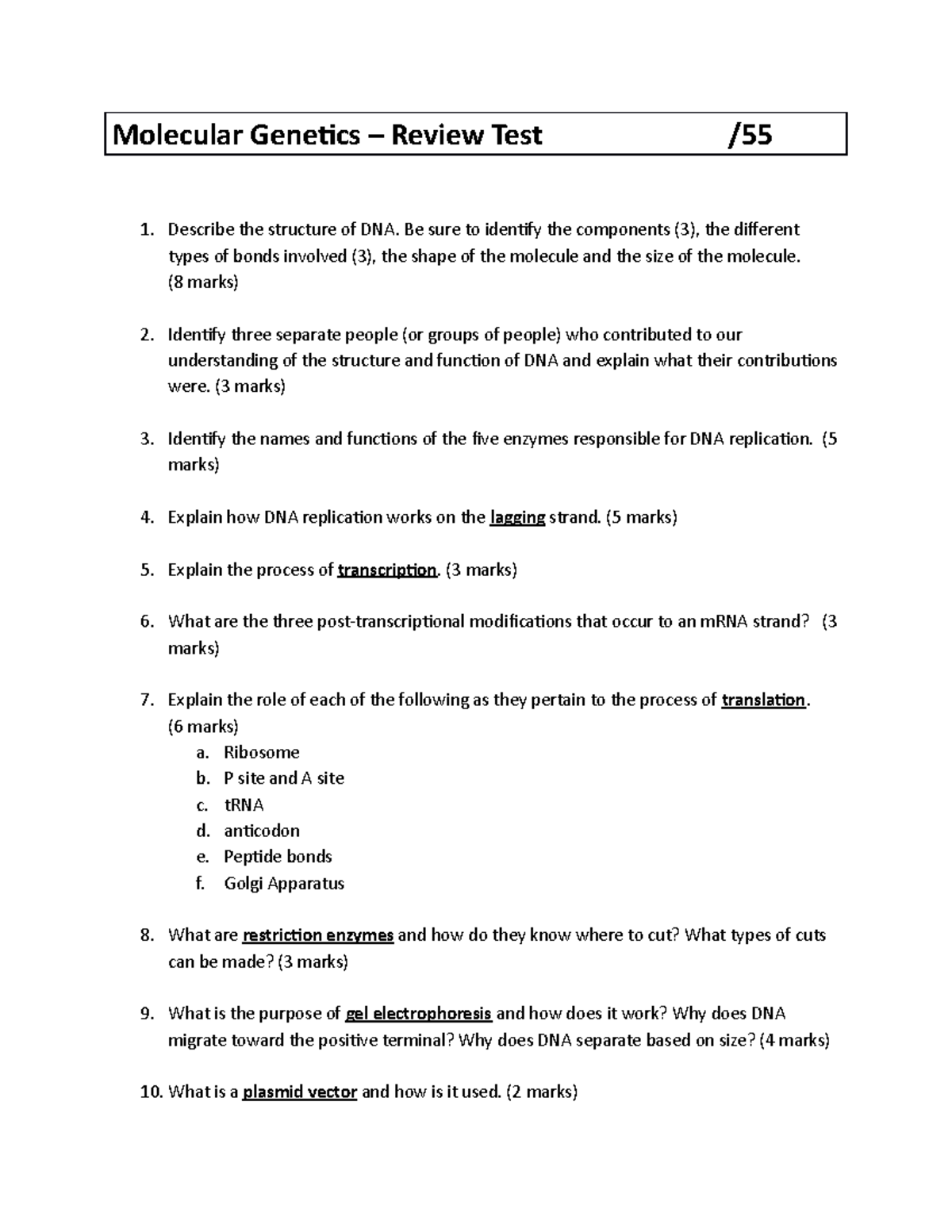 Practice test - Use this to study for your exam - Molecular Genetics ...