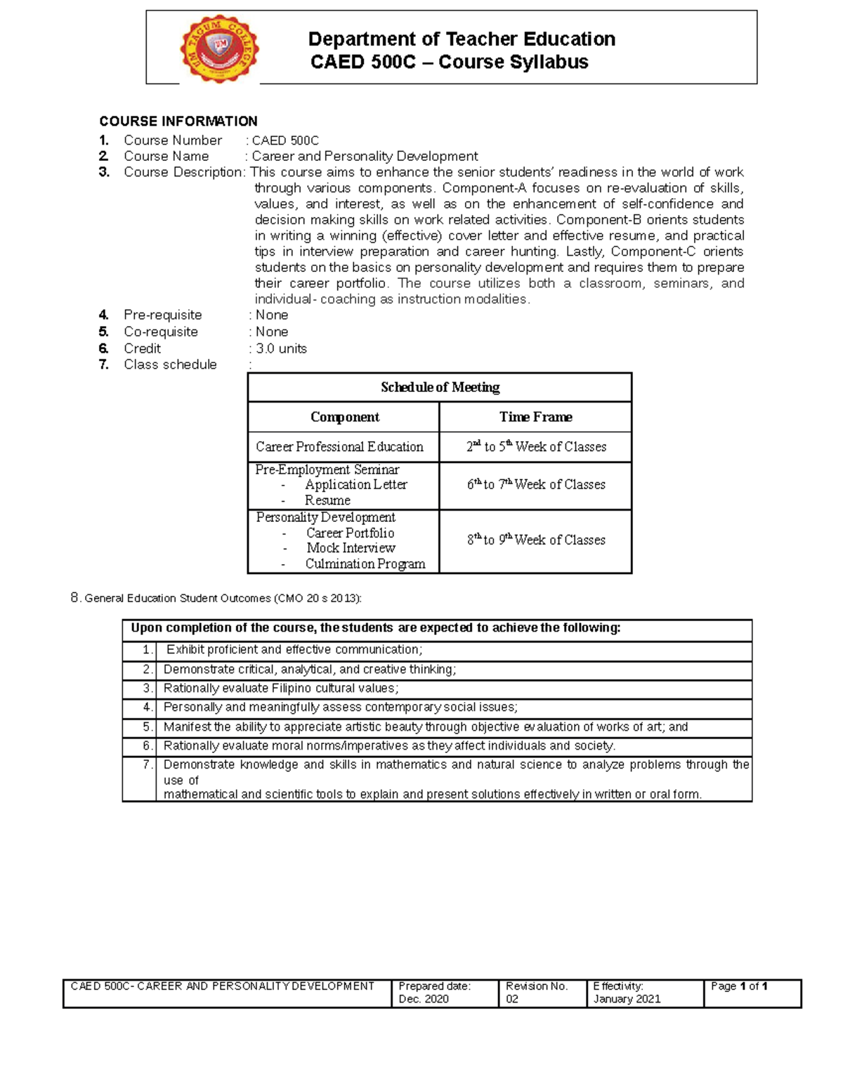 CAED 500C- Career and Personality Development - COURSE INFORMATION 1 ...