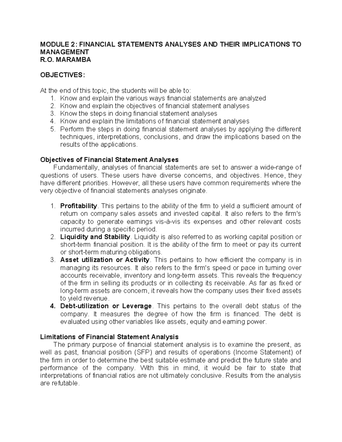 Module 3 - Lecture - MODULE 2: FINANCIAL STATEMENTS ANALYSES AND THEIR ...