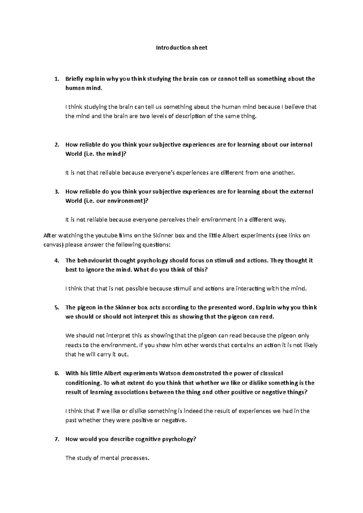 Introduction sheet - Briefly explain why you think studying the brain ...