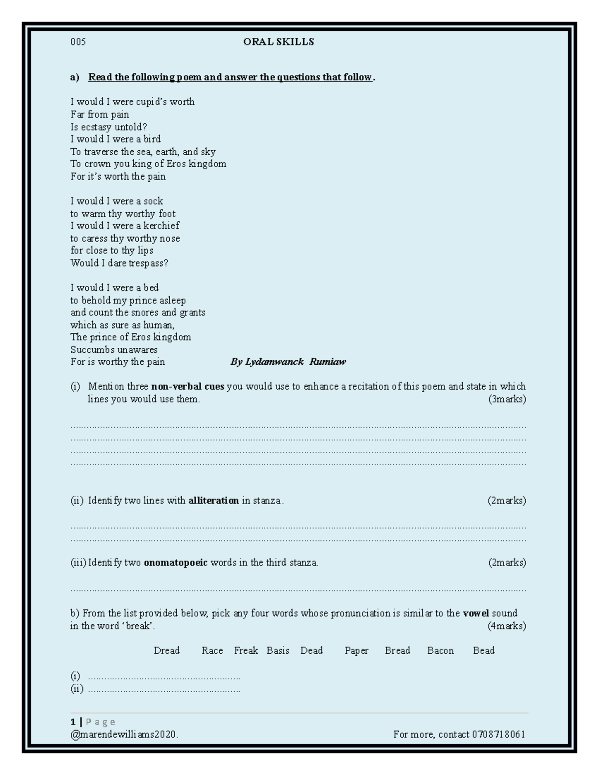 ORAL Skills notes - a) Read the following poem and answer the questions ...