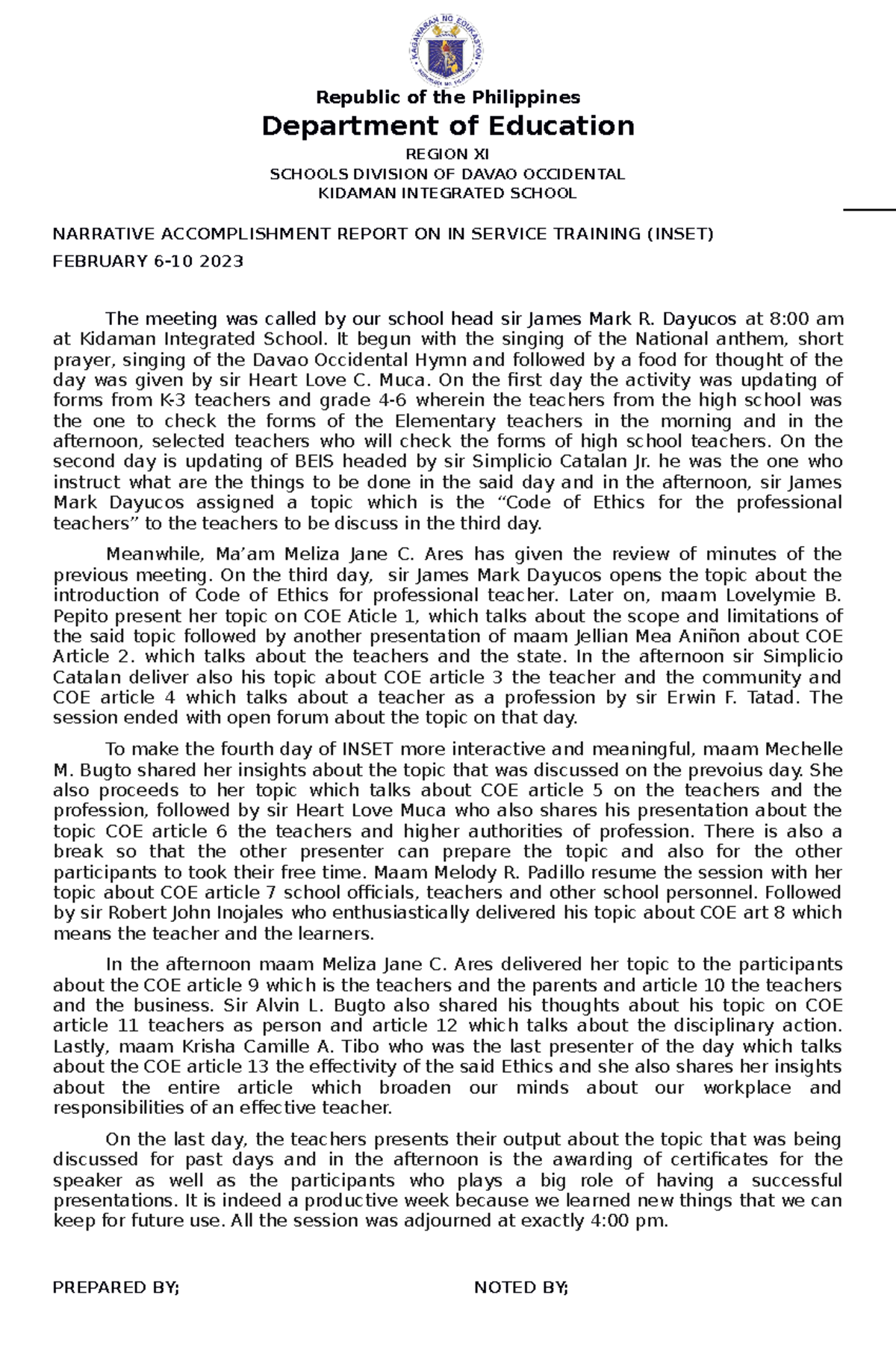 Narrative Accomplishment Report ON IN Service Training 2023 - Republic ...