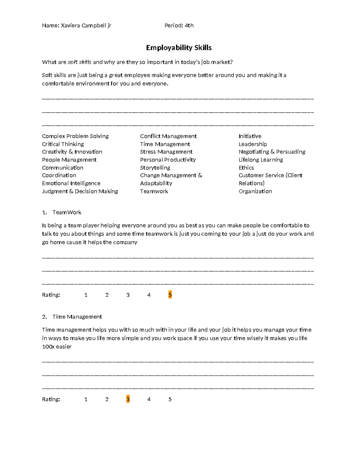 Xaviera Campbell - Employability Skills Worksheet - Name: Xaviera ...