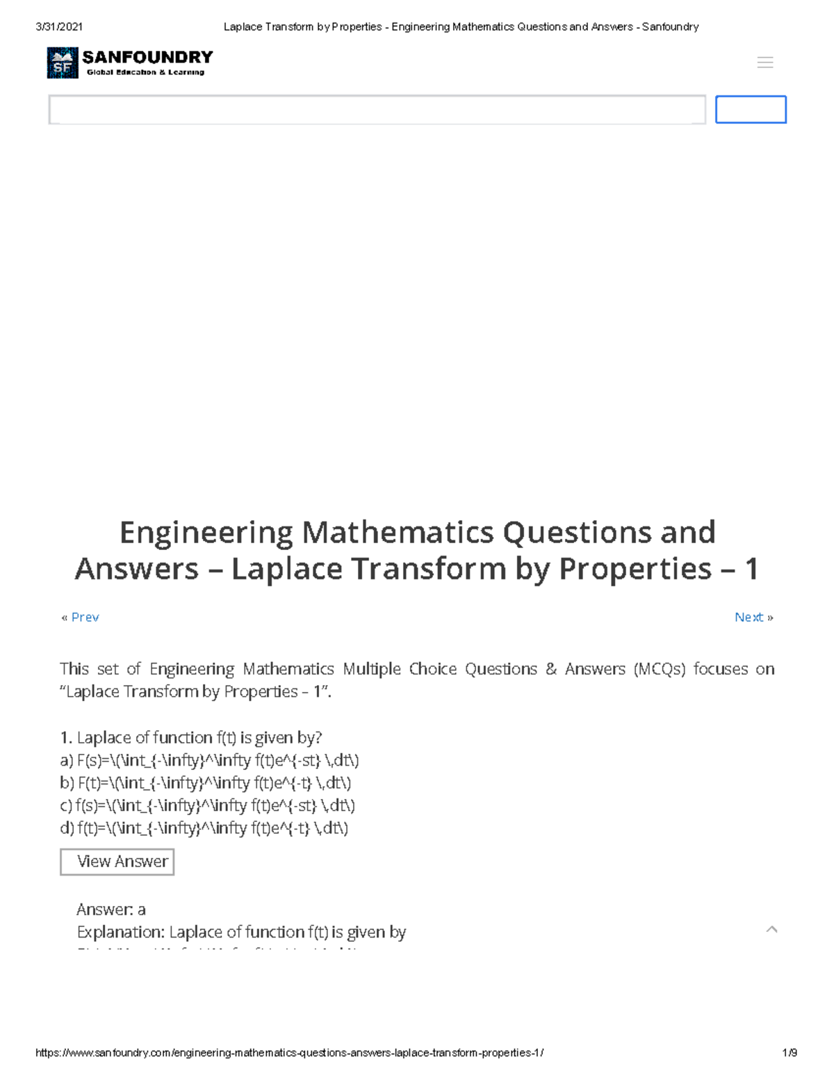 Laplace Transform by Properties - Engineering Mathematics Questions and Answers - Sanfoundry ...