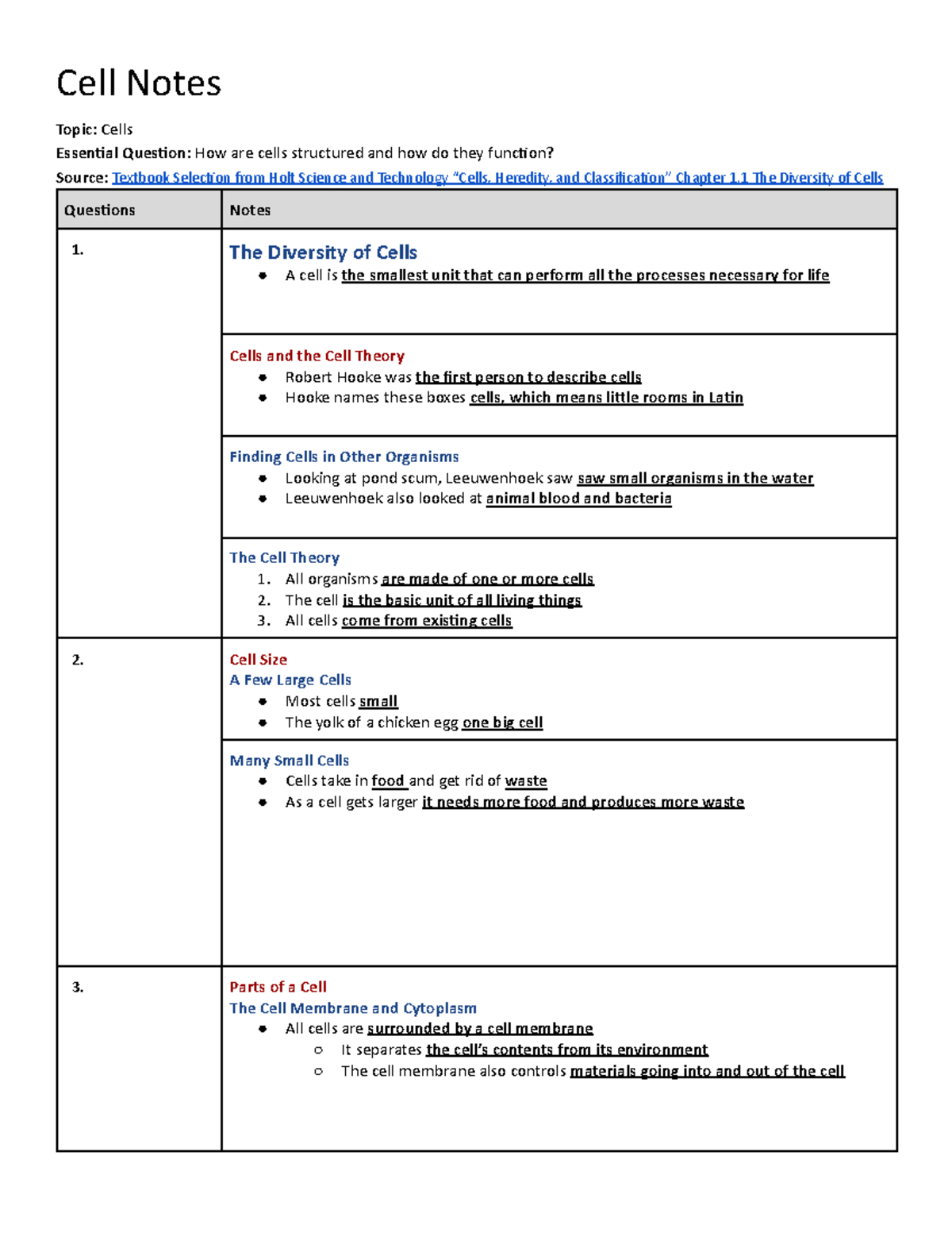 Cell Notes Answer KEY - Google Docs - Cell Notes Topic: Cells Essenal ...