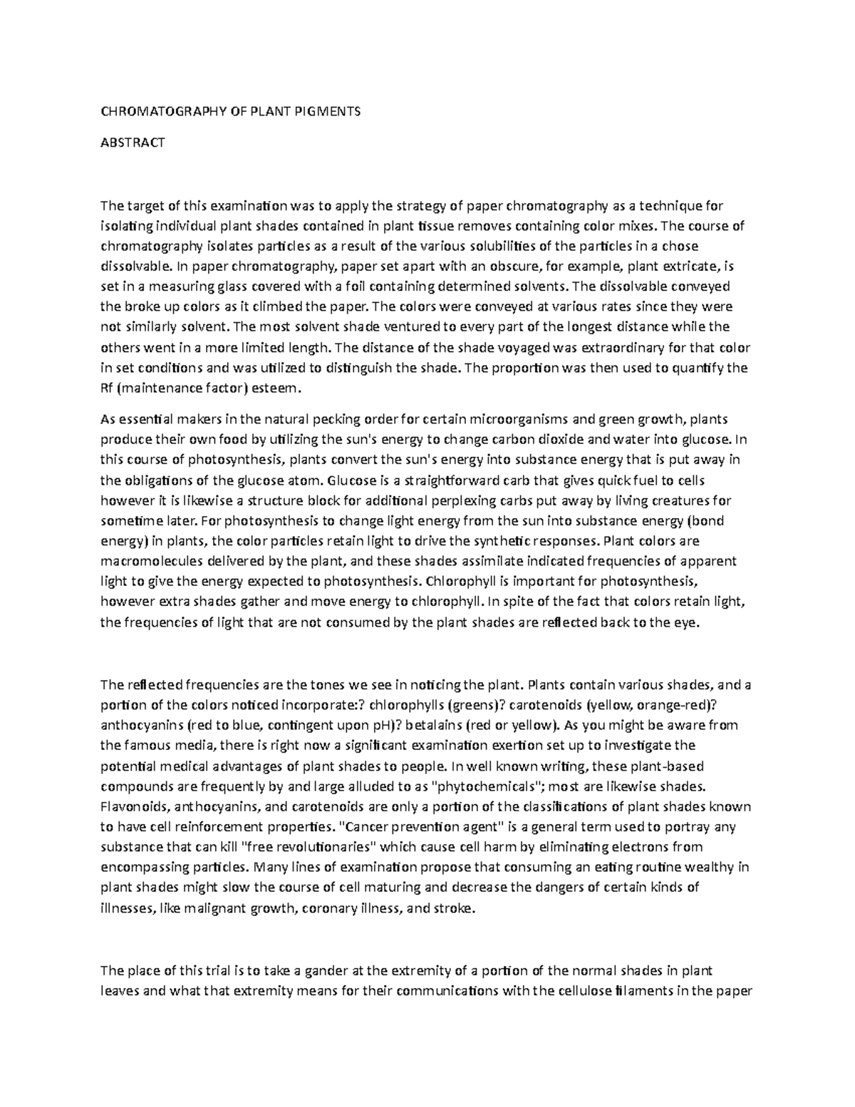 Chromatography OF Plant Pigments - CHROMATOGRAPHY OF PLANT PIGMENTS ...