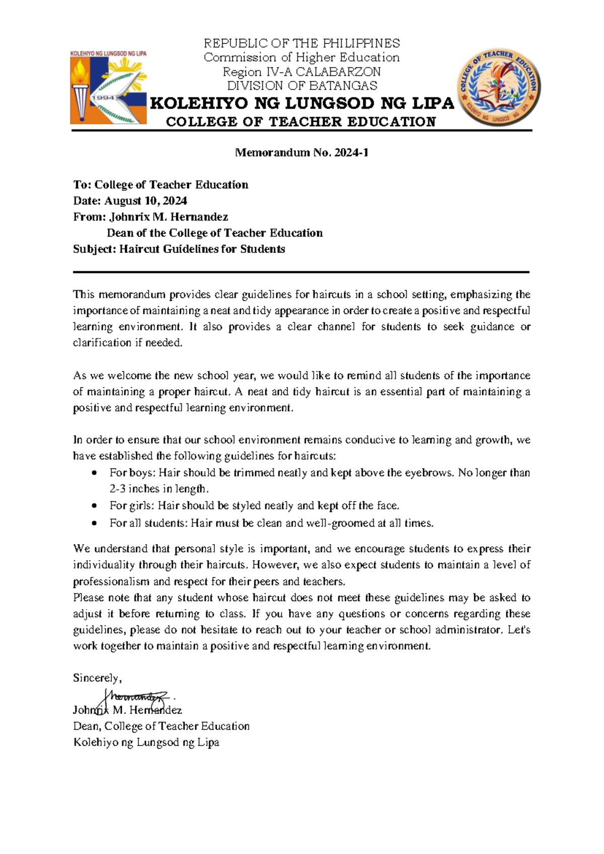 Memorandum SAMPLE - REPUBLIC OF THE PHILIPPINES Commission of Higher ...