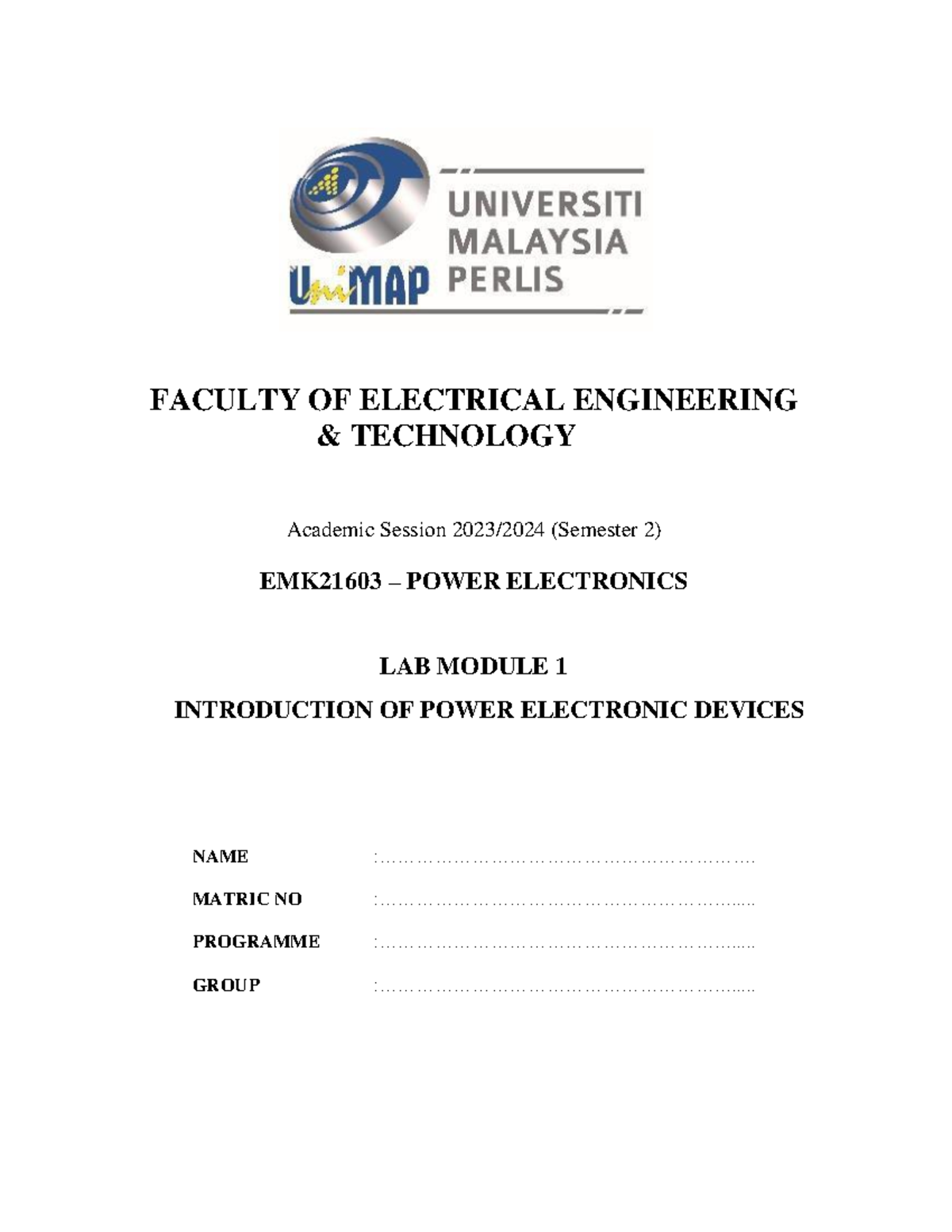 Lab Module 1 - FACULTY OF ELECTRICAL ENGINEERING & TECHNOLOGY Academic ...