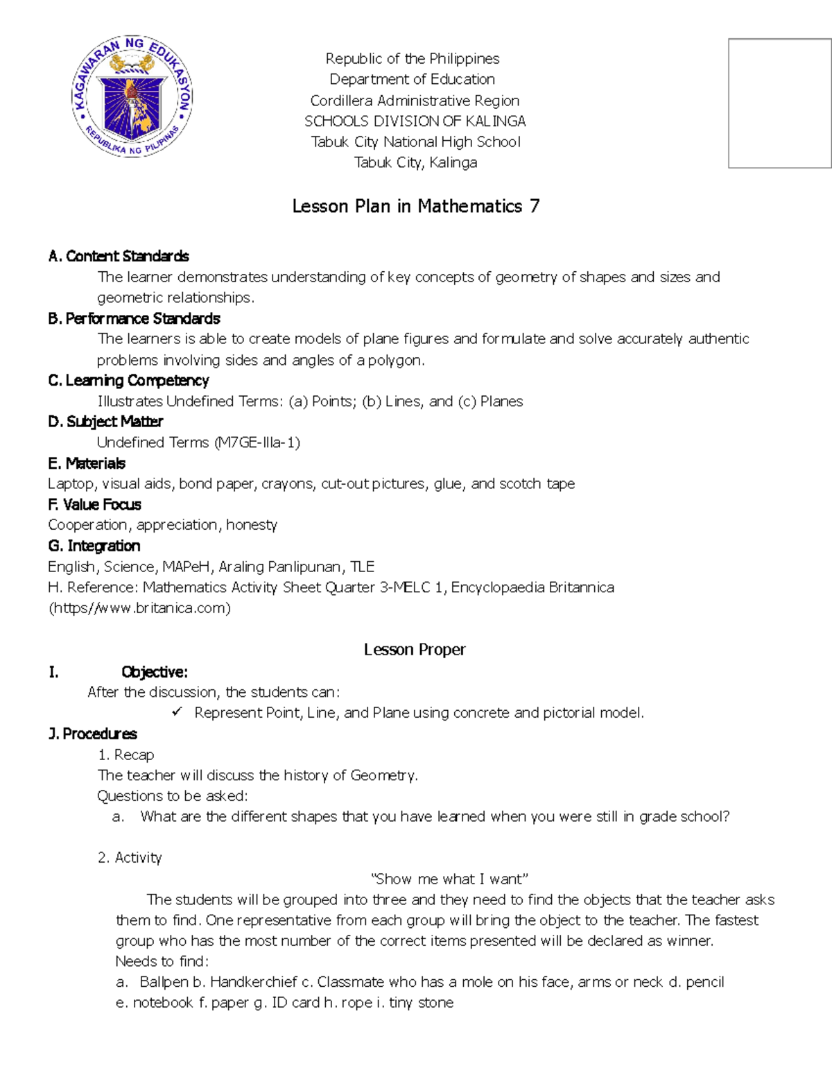 Lesson plan undefined terms - Republic of the Philippines Department of ...