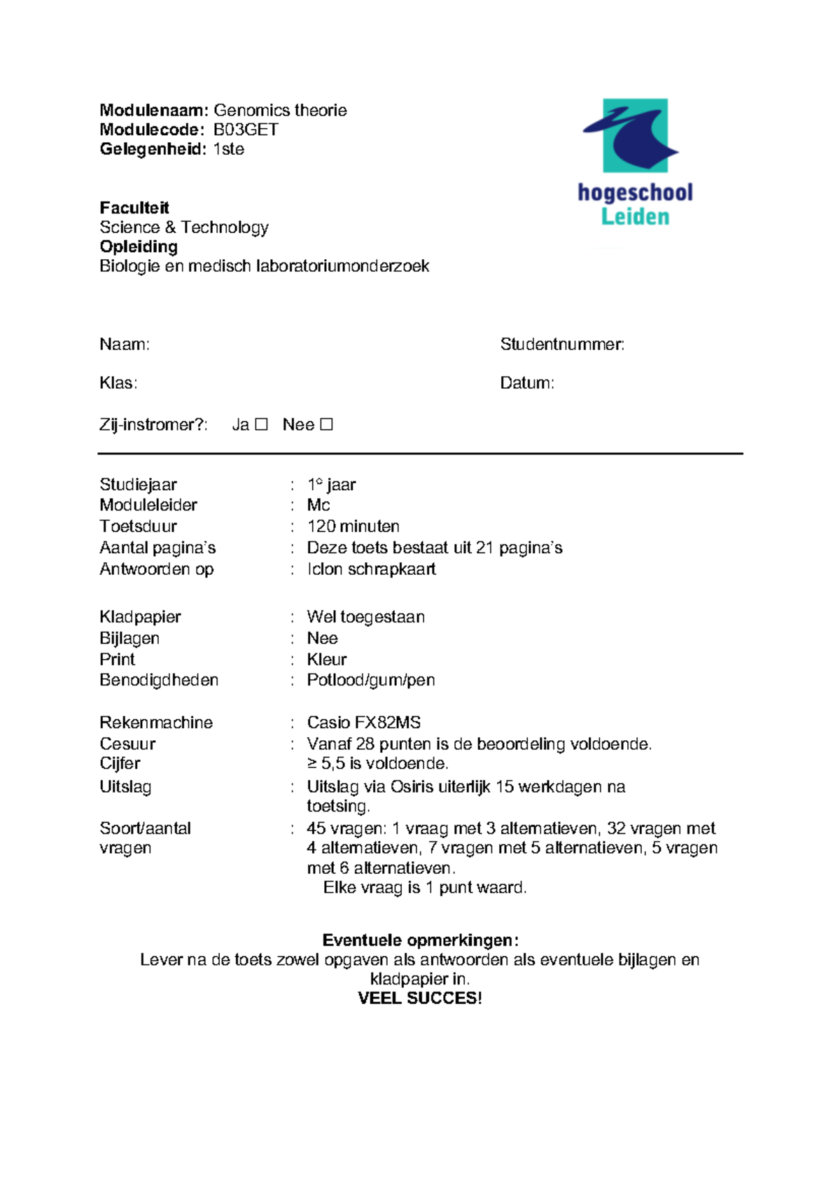B03GET 2223 Oefentoets - Modulenaam: Genomics theorie Modulecode ...