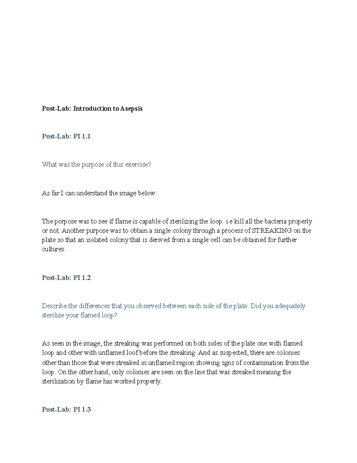 Lab 1 - Lab 1 - Post-Lab: Introduction to Asepsis Post-Lab: PI 1. What ...