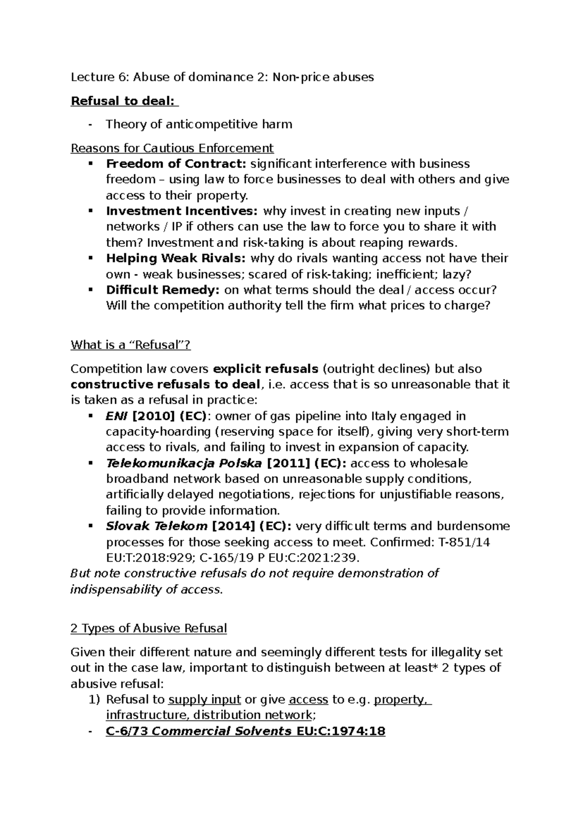 Lecture 6 - notes - Lecture 6: Abuse of dominance 2: Non-price abuses ...