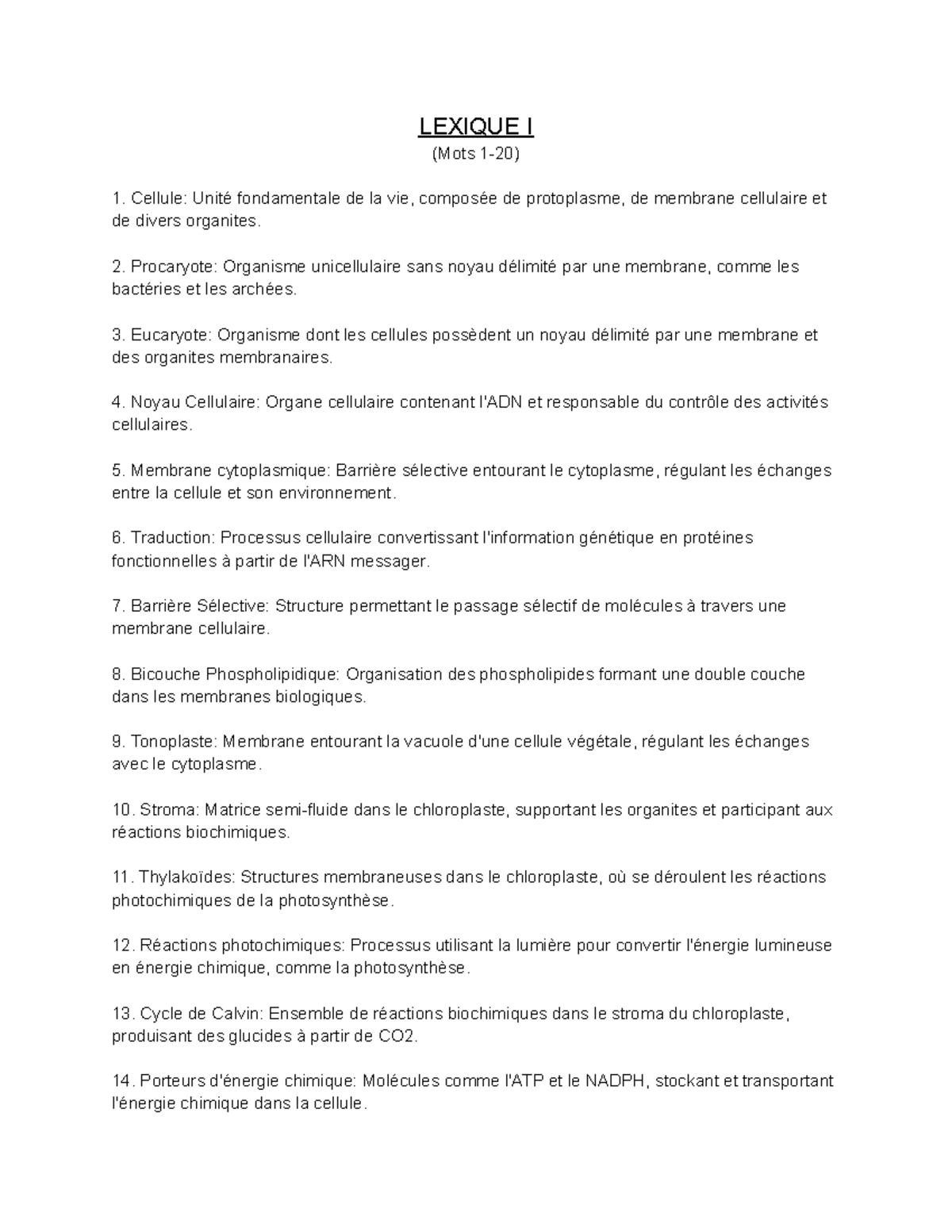 Lexique I - Words in French - LEXIQUE I (Mots 1-20) 1. Cellule: Unité ...