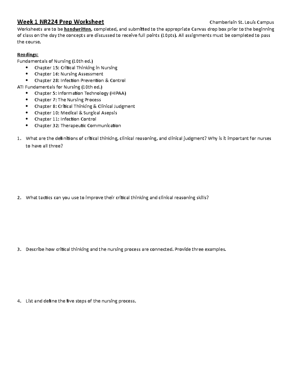 Week 1 NR224 Prep Worksheet - Worksheets are to beof class on the day ...