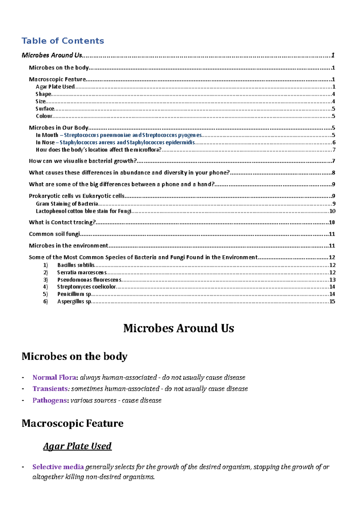 Lab Review- Microbes Around Us - Table of Contents Microbes Around ...
