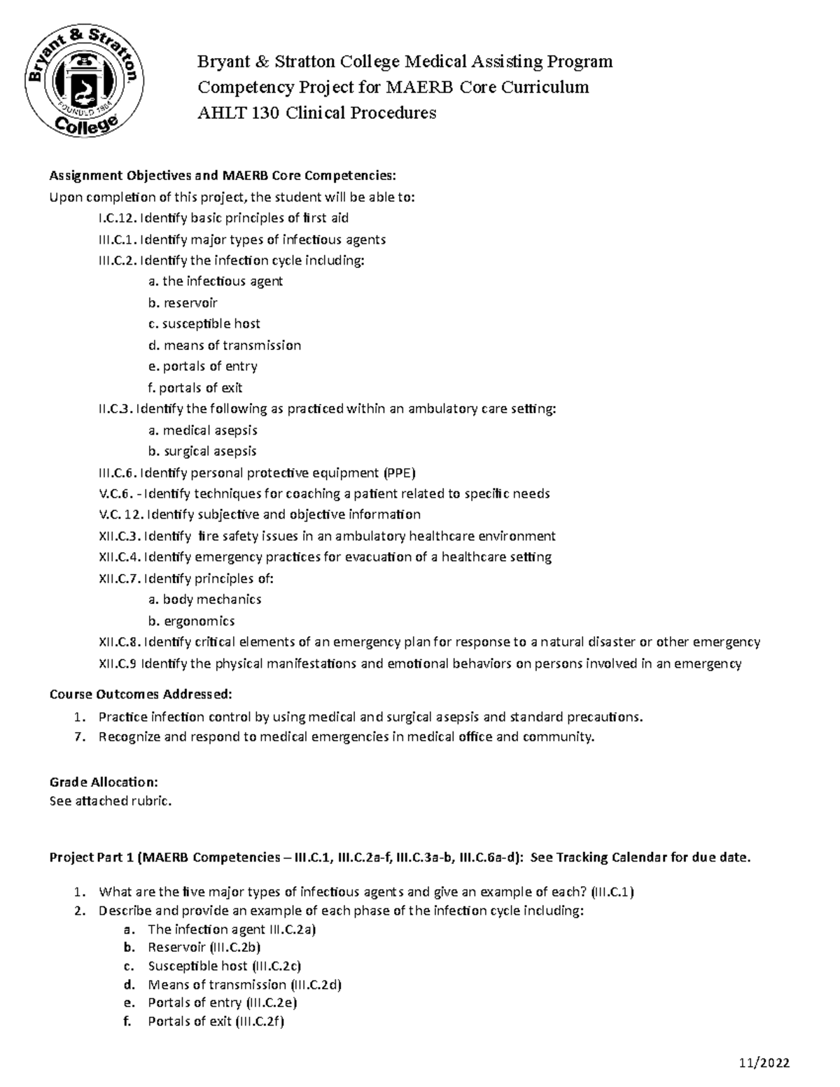 AHLT130 - Cognitive Objective Project - Competency Project for MAERB ...